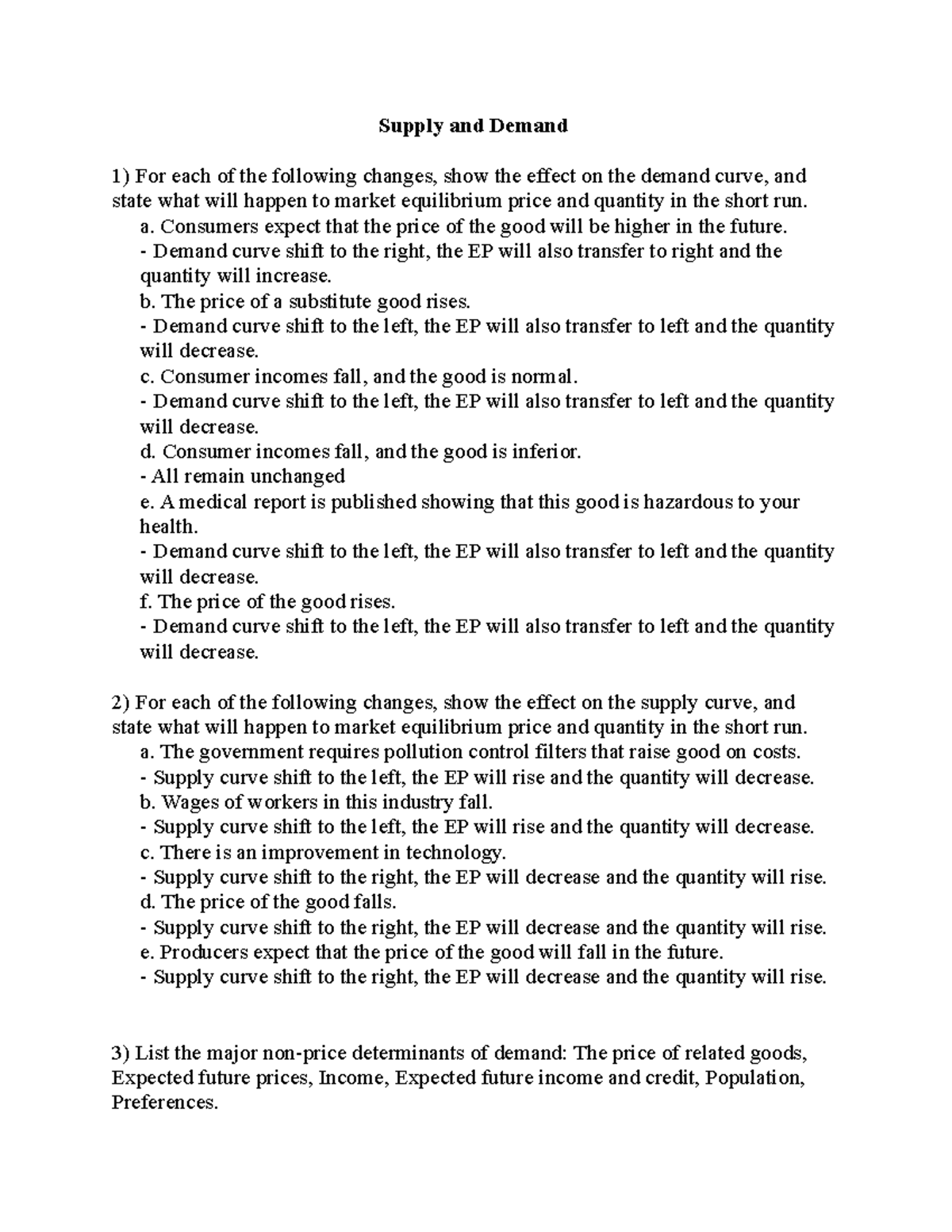 Assignment 2 - Supply and Demand - Supply and Demand For each of the ...