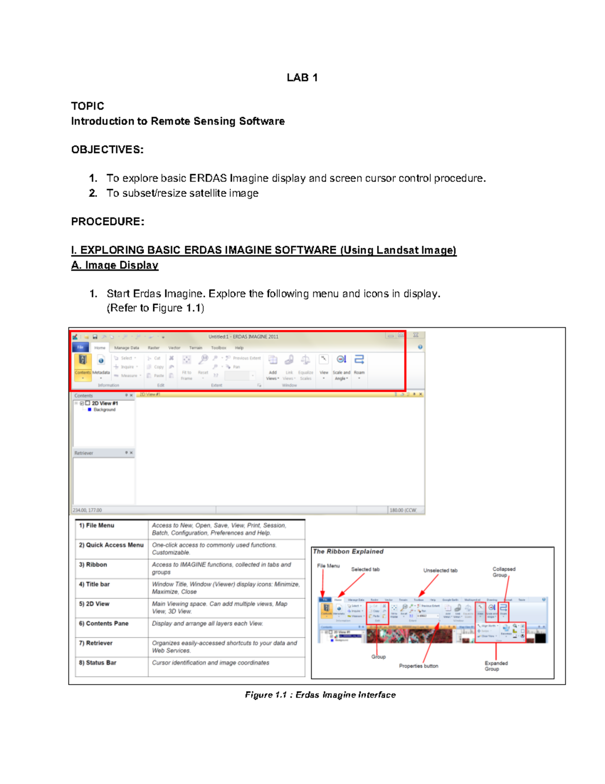 Lab1 Exploring basic tools - LAB 1 TOPIC Introduction to Remote Sensing Software OBJECTIVES: 1 ...
