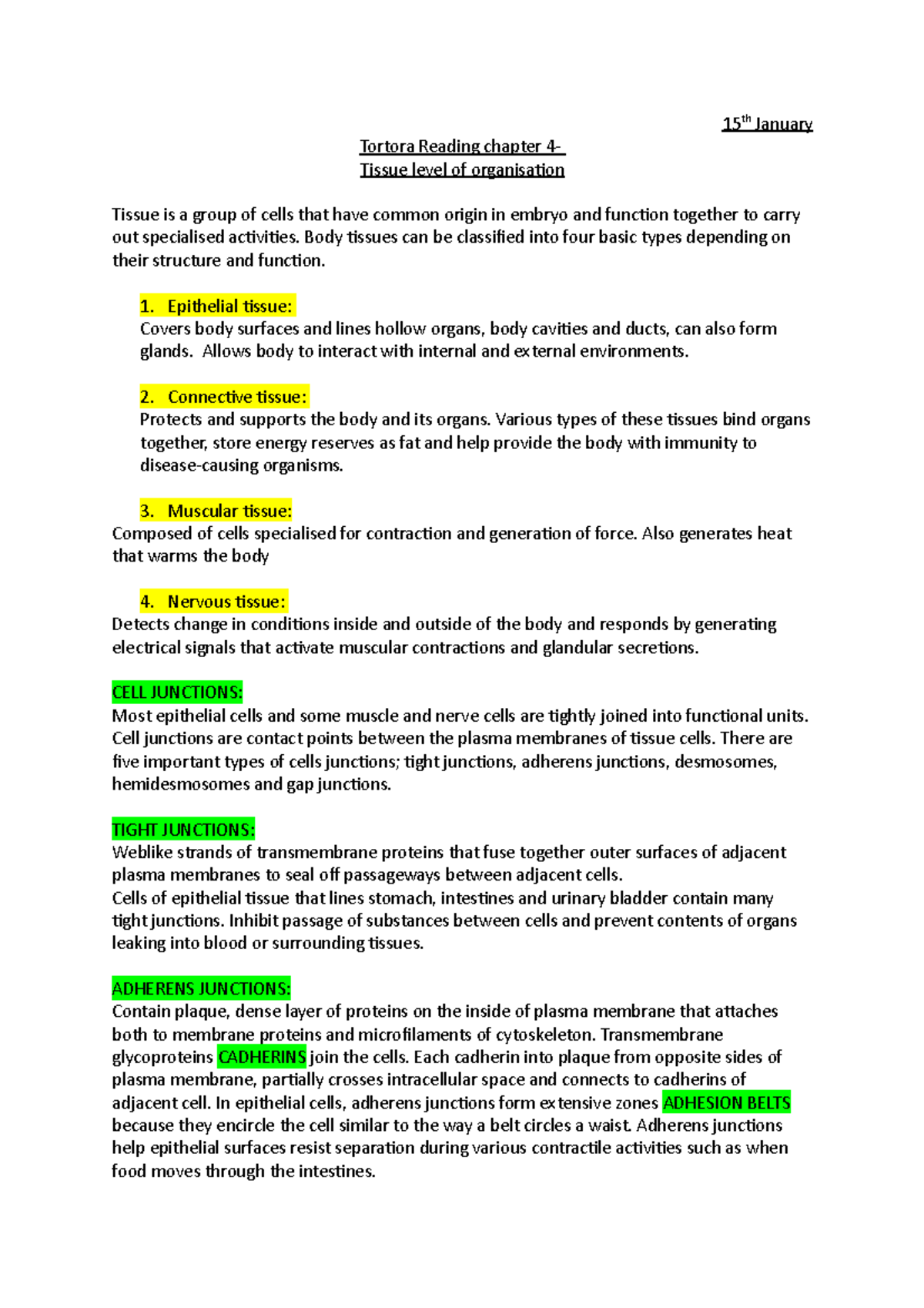 Chapter 4 - tissue level organisation - 15th January - 15 th January ...
