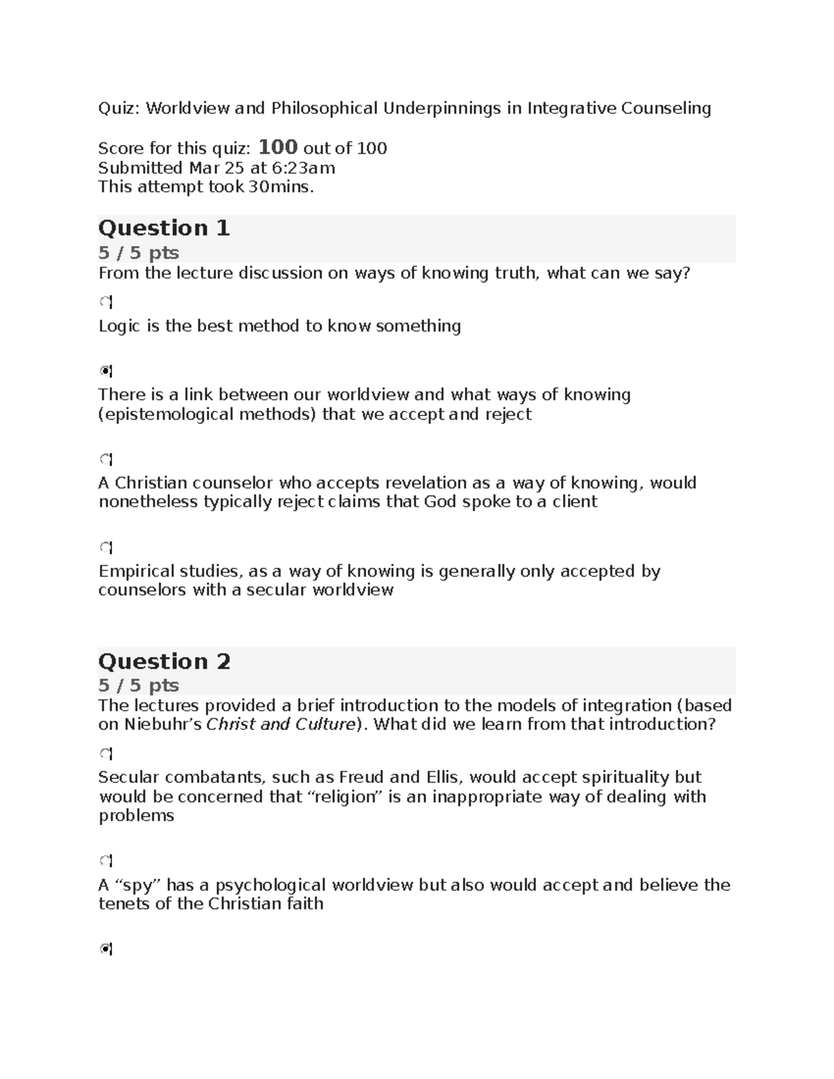 Quiz: Worldview and Philosophical Underpinnings in Integrative ...