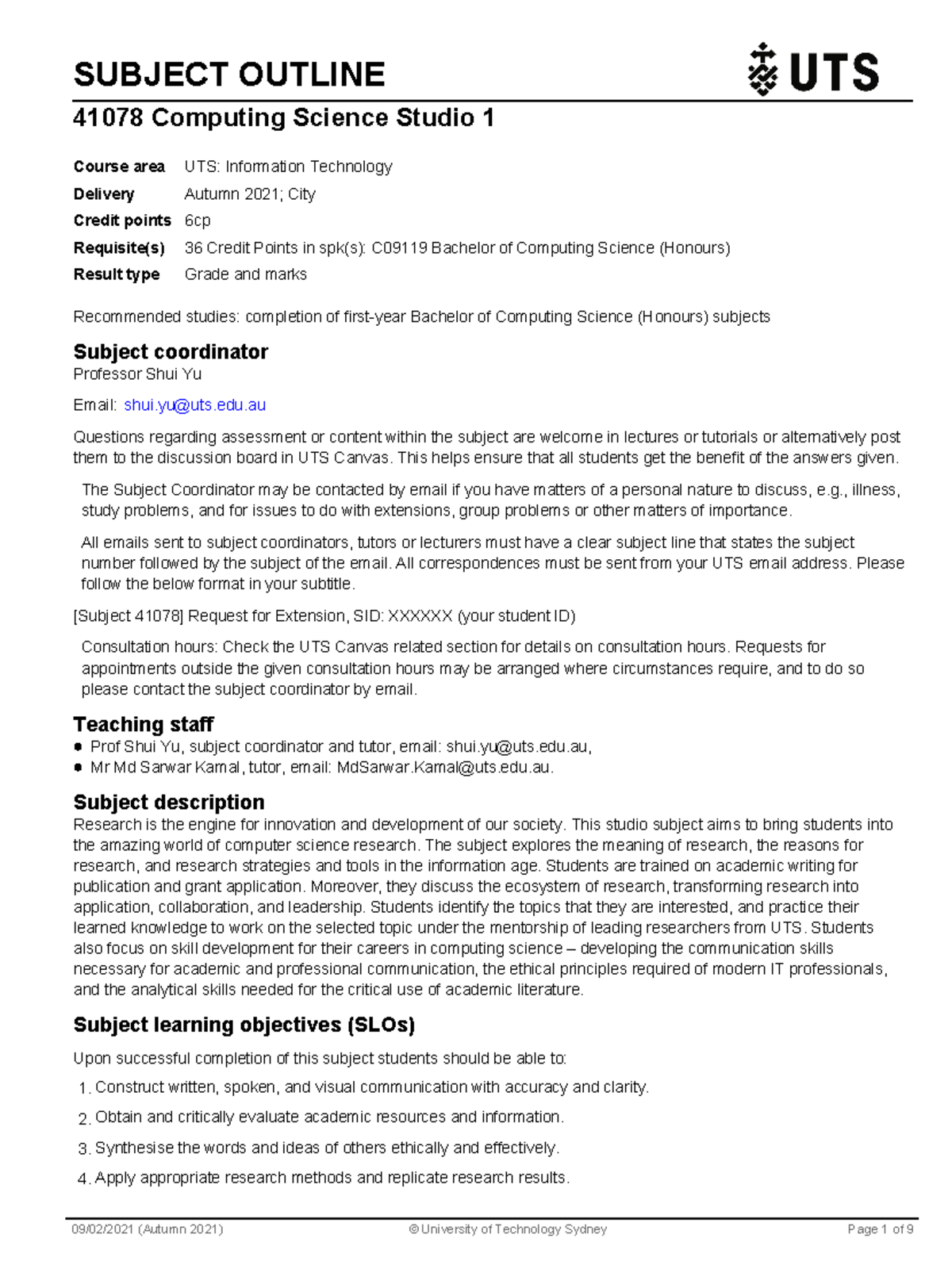 Computer Science Studio - SUBJECT OUTLINE 41078 Computing Science ...