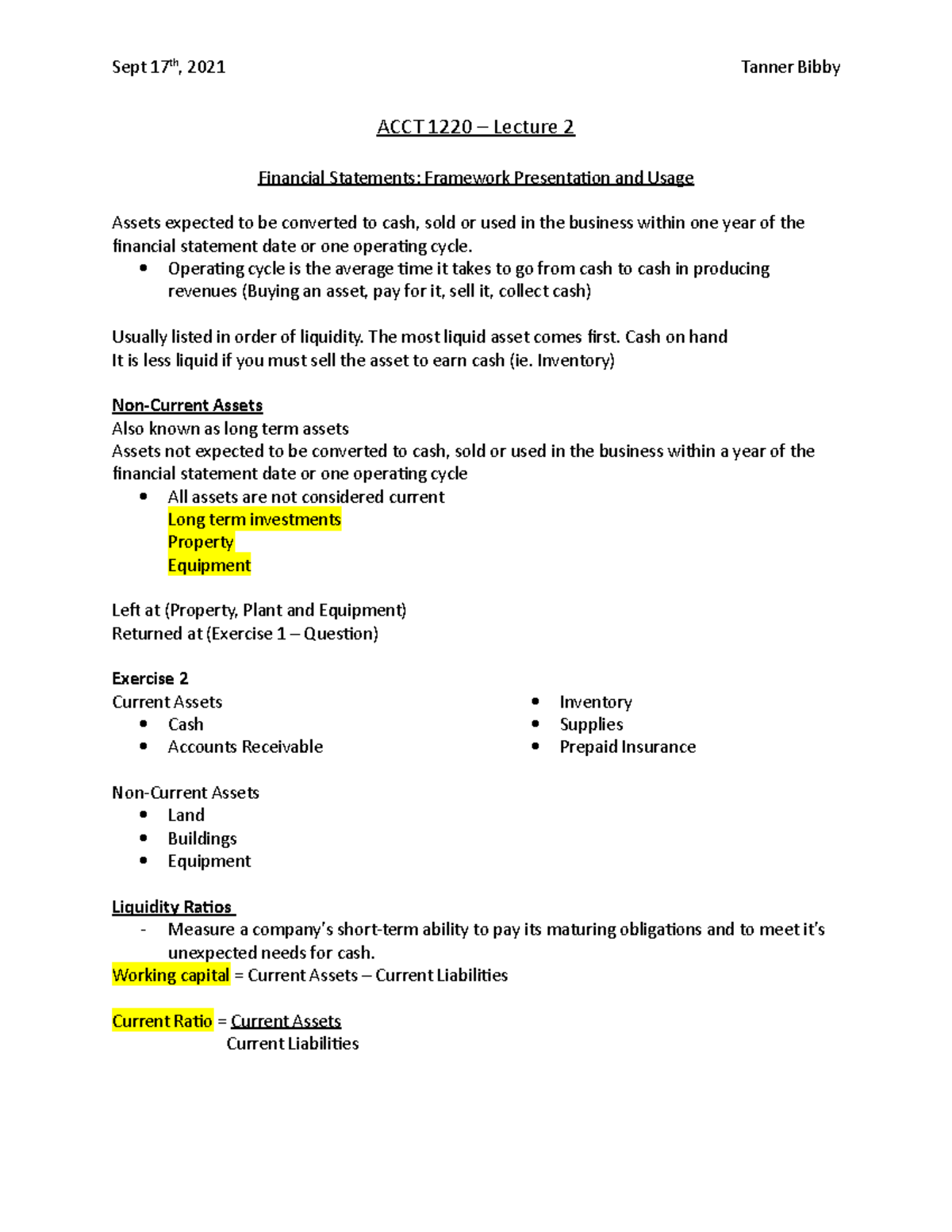 Lecture 2 Note- sept 17 2021 - Sept 17th, 2021 Tanner Bibby ACCT 1220 ...