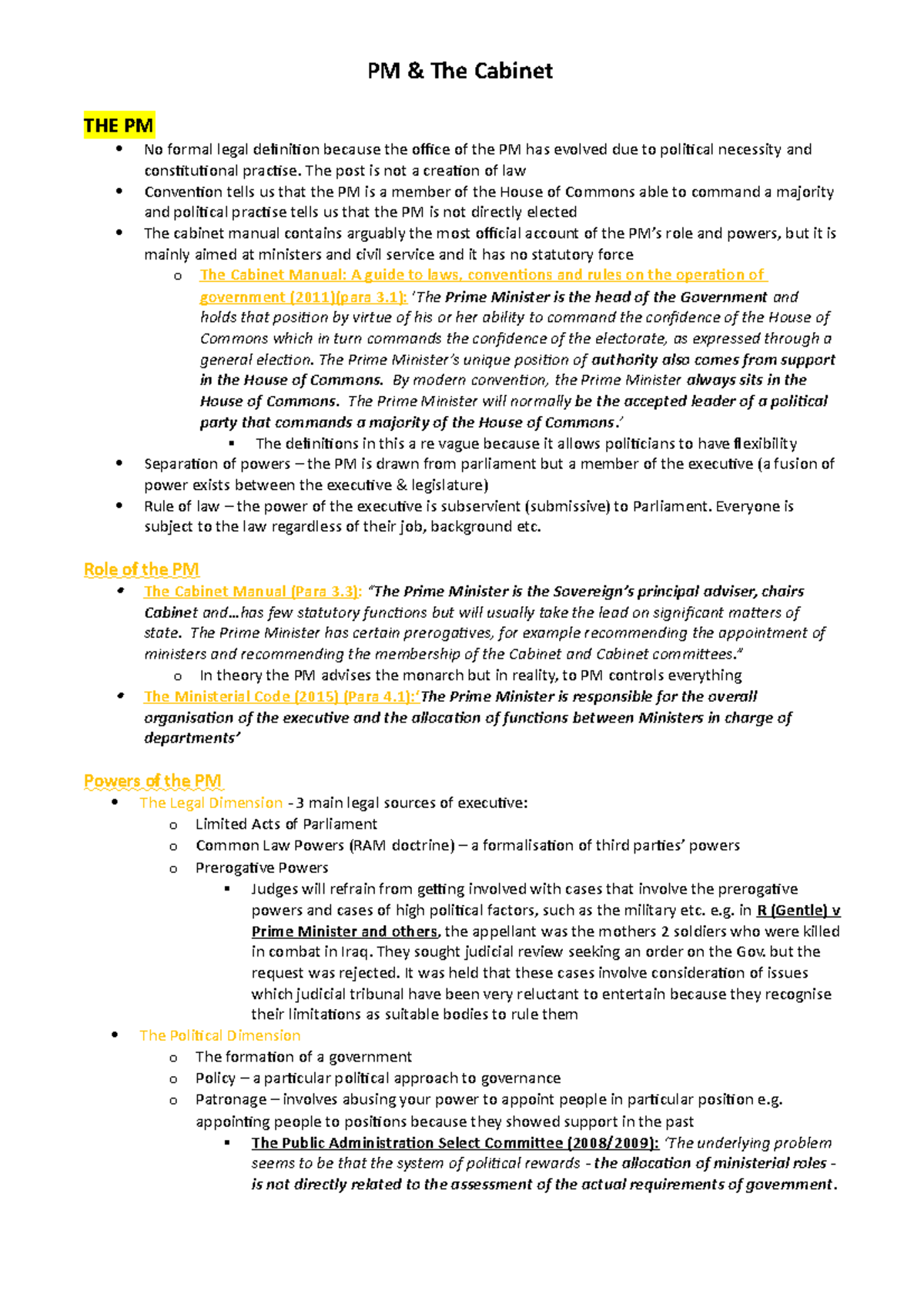THE PM and the cabinet - THE PM No formal legal definition because the ...