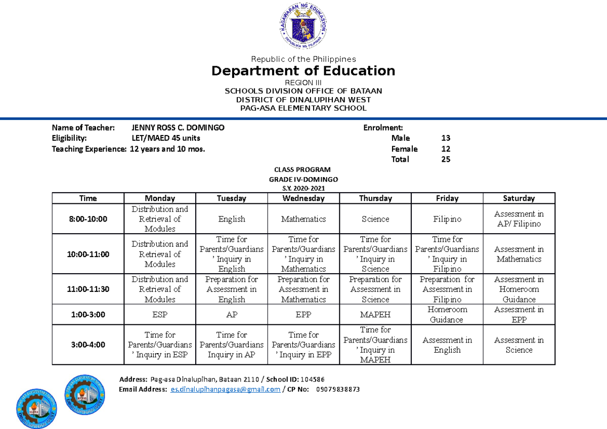 Class- Program-OF- Grade 4-ROK - Republic of the Philippines Department ...