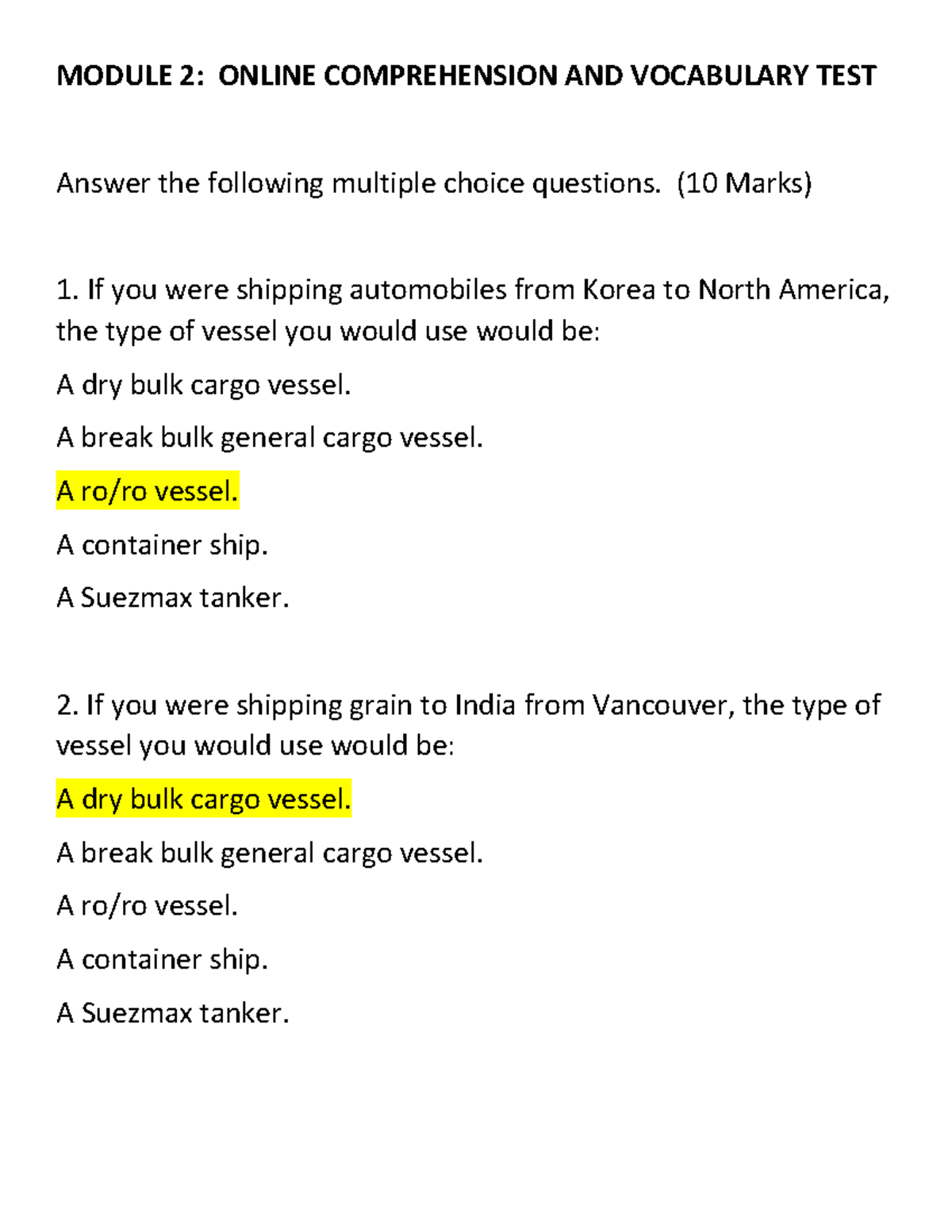 Module 2 Self Test on Comprehension and Vocabulary Answers highlighted ...