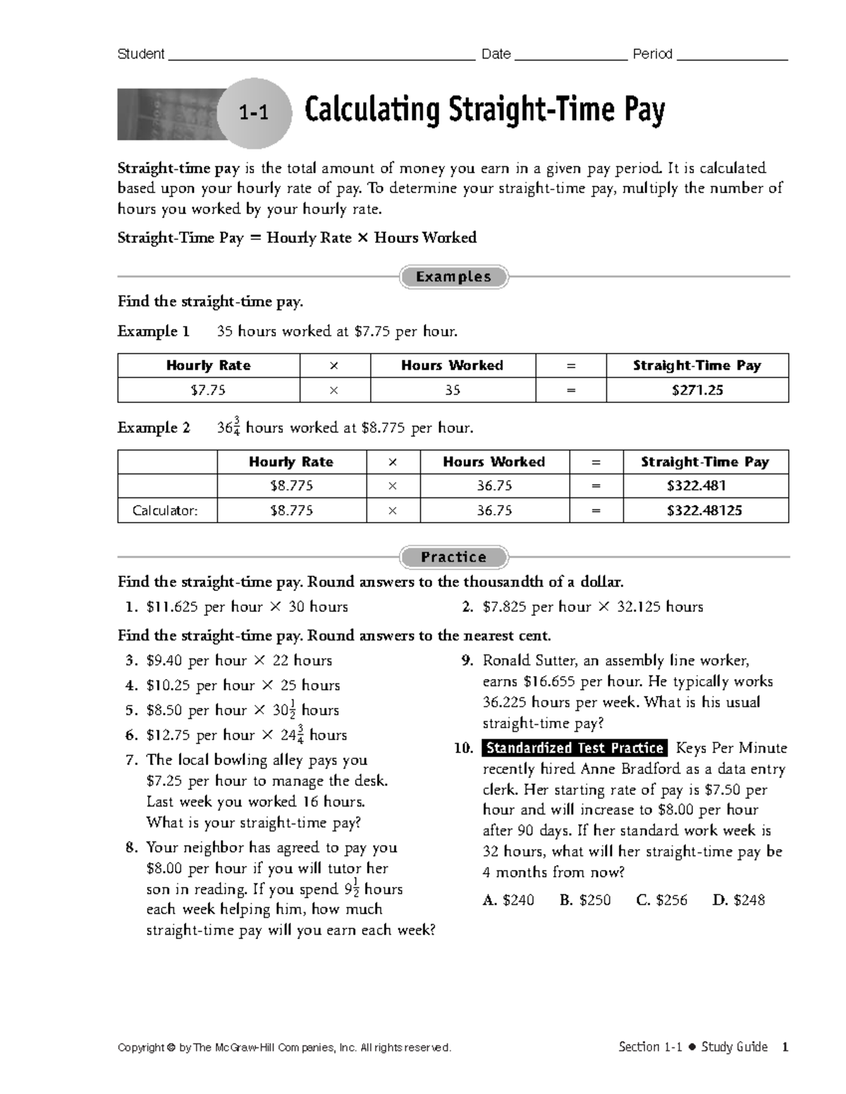 Calculating Pay Study Guide - Copyright © by The McGraw-Hill Companies ...