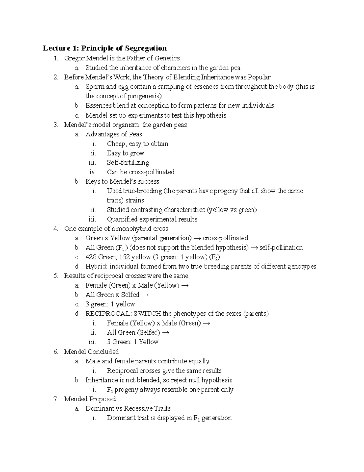 Lecture 1 notes - Lecture 1: Principle of Segregation Gregor Mendel is ...