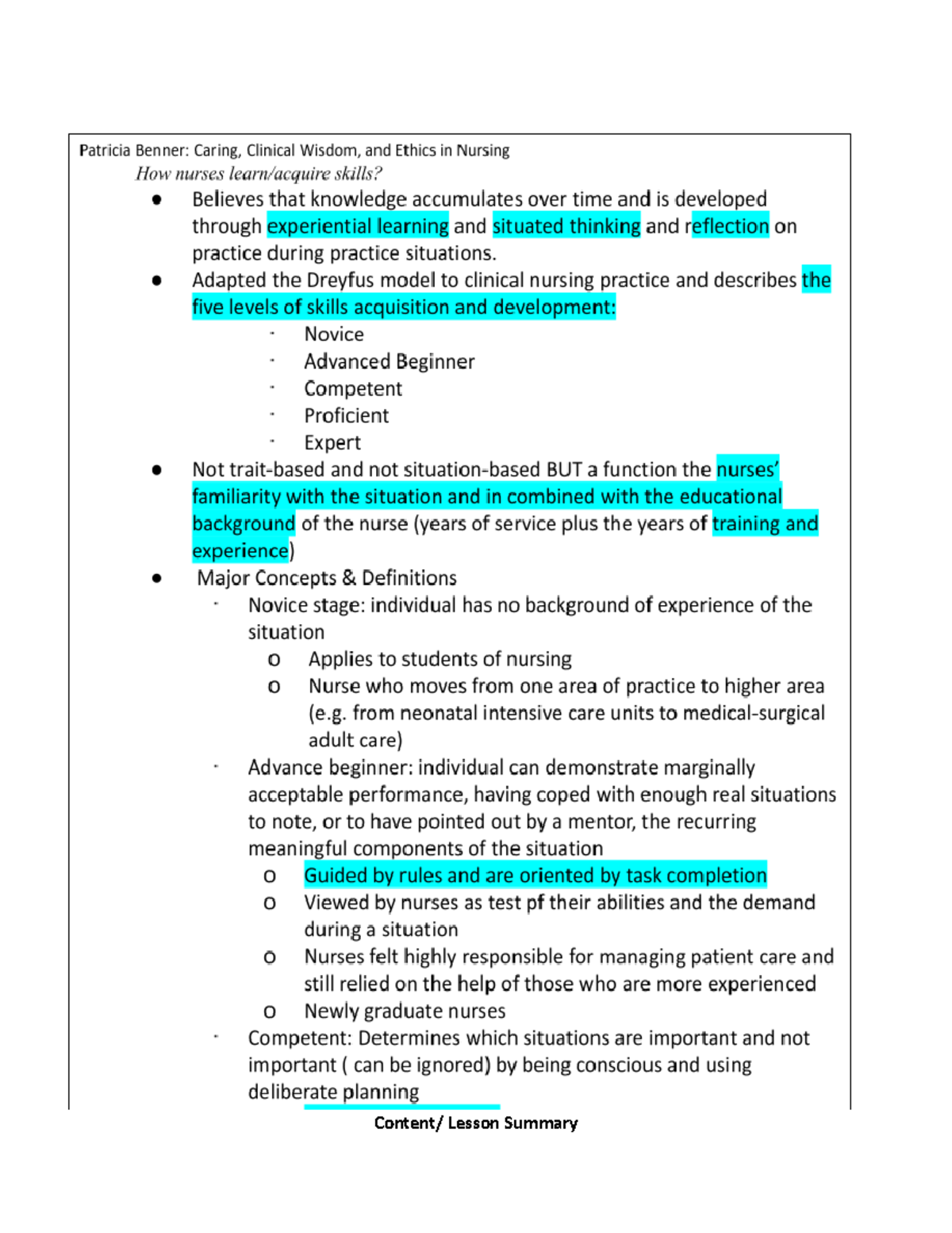 Patricia Benner - 1st semester lecture notes in TFN for student nurses ...