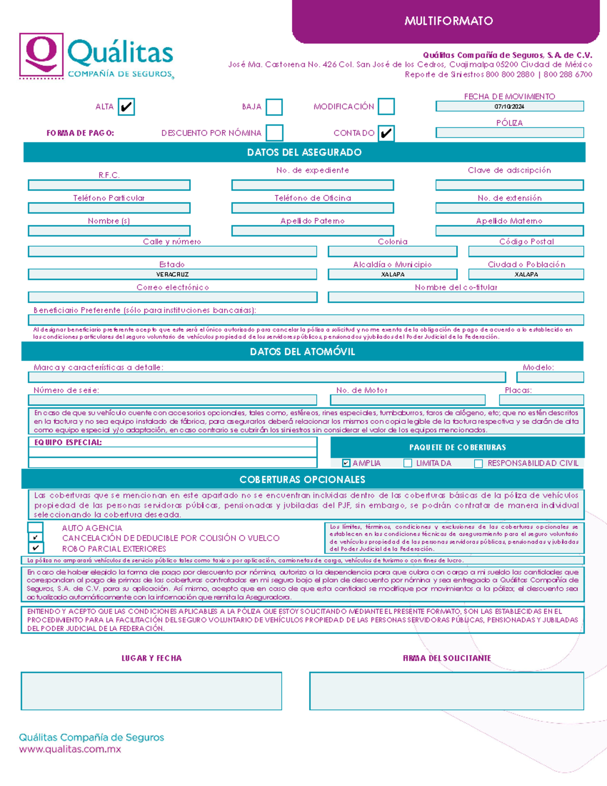 Anexo II - FORMATOS PARA CONTATAR SEGUROS DE AUTOS - Quálitas Compañía de Seguros, S. de C. José ...