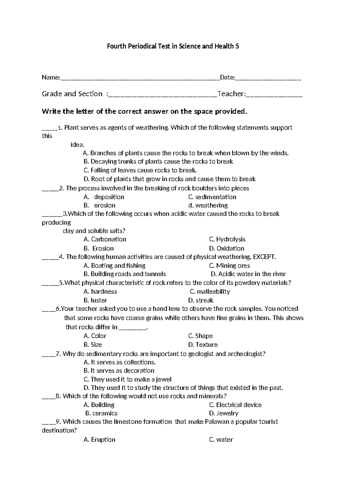 PT Science 5 Q4 - Fourth Periodical Test in Science and Health 5 - Studocu