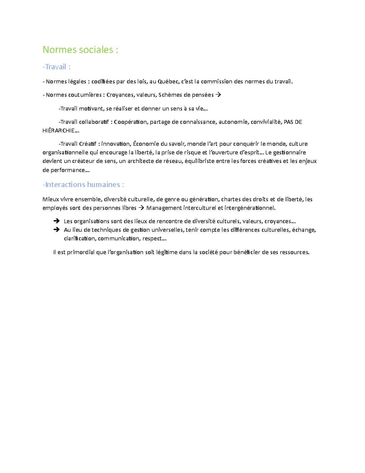 Notes - Étude de cas - Normes sociales : -Travail : Normes légales ...
