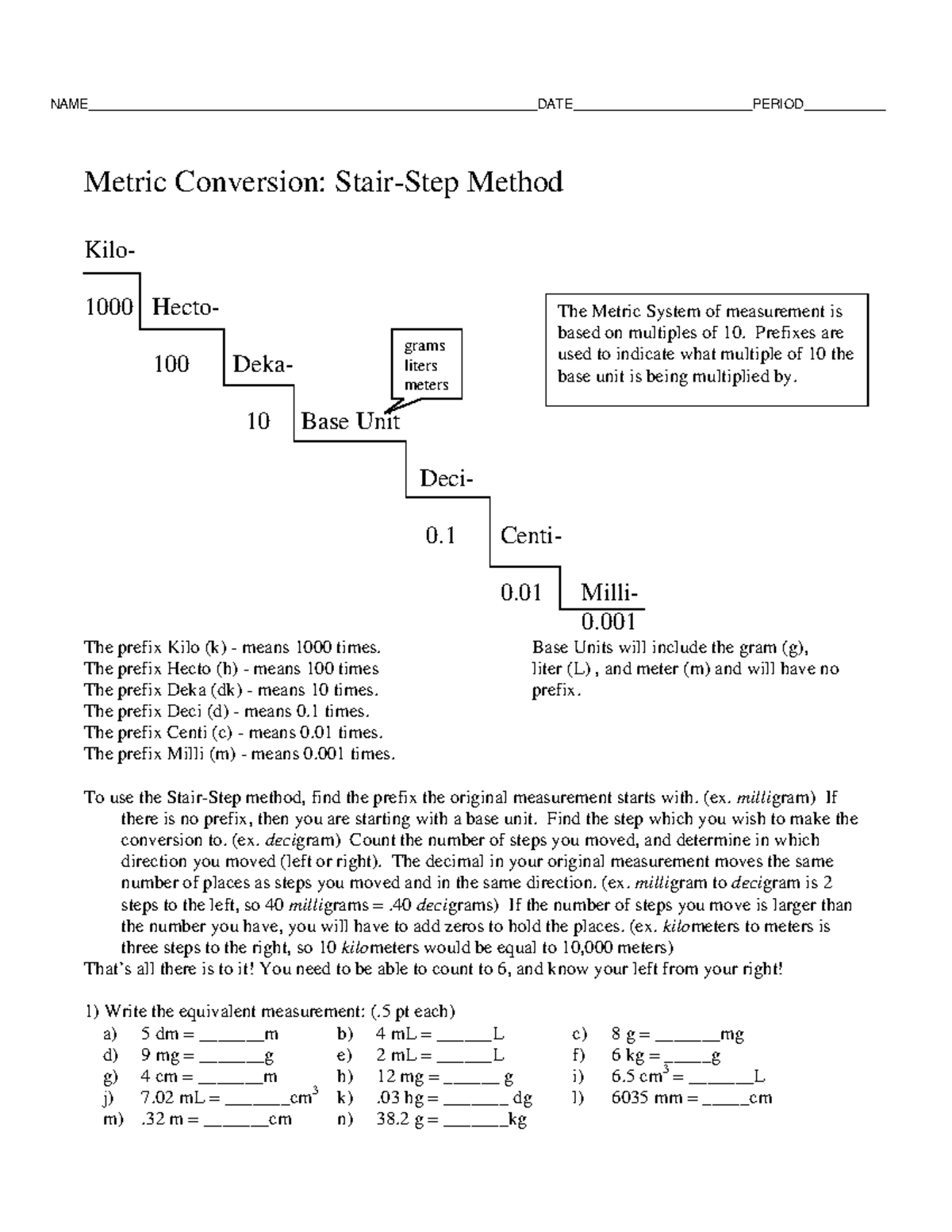 Metric Conversion Packet - Name: ____________________ Unit I Mr. Willis ...