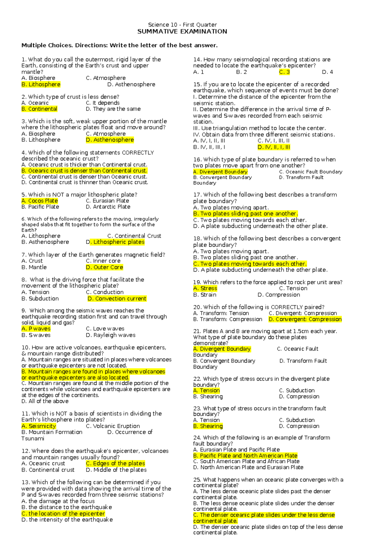 Science 10 - Summative Exam 1-35 - Science 10 - First Quarter SUMMATIVE ...