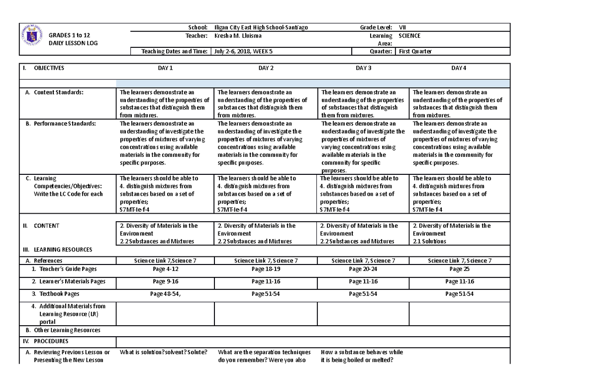 DLL Science Q1 W5 - LESSON PLAN IN BIOLOGY - GRADES 1 to 12 DAILY ...
