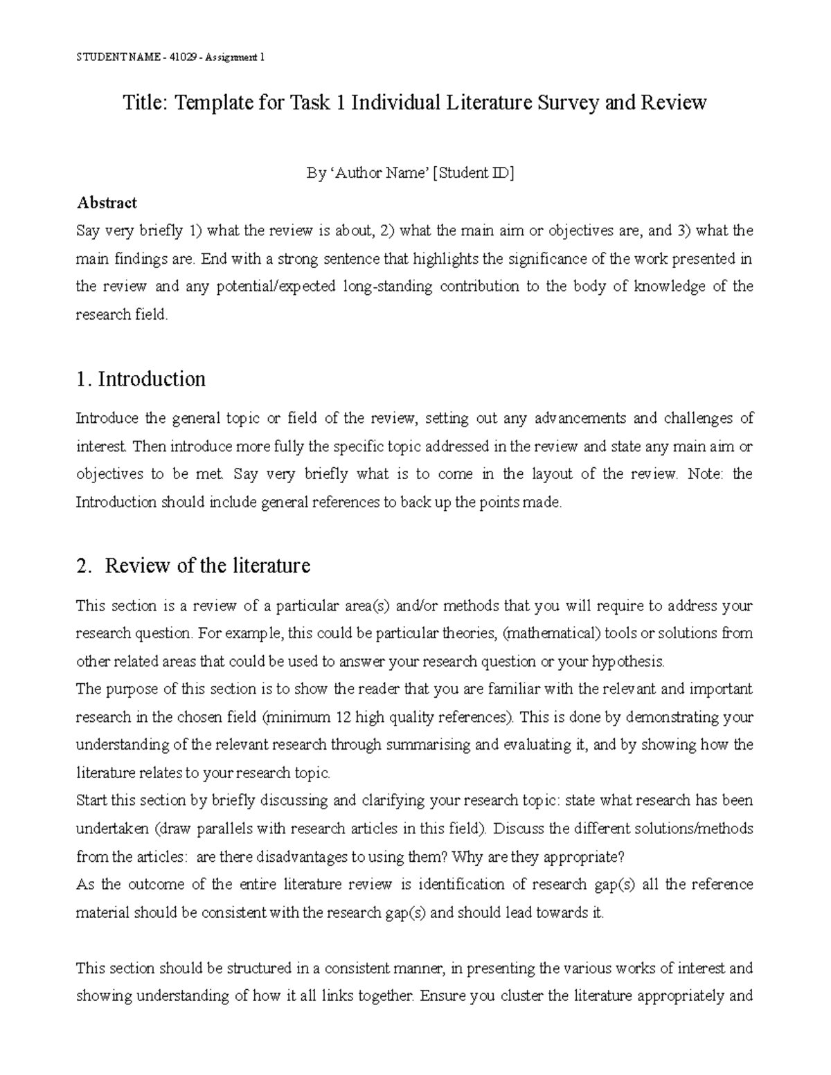 41029 Task 1 Individual Literature Survey and Review Template - STUDENT ...