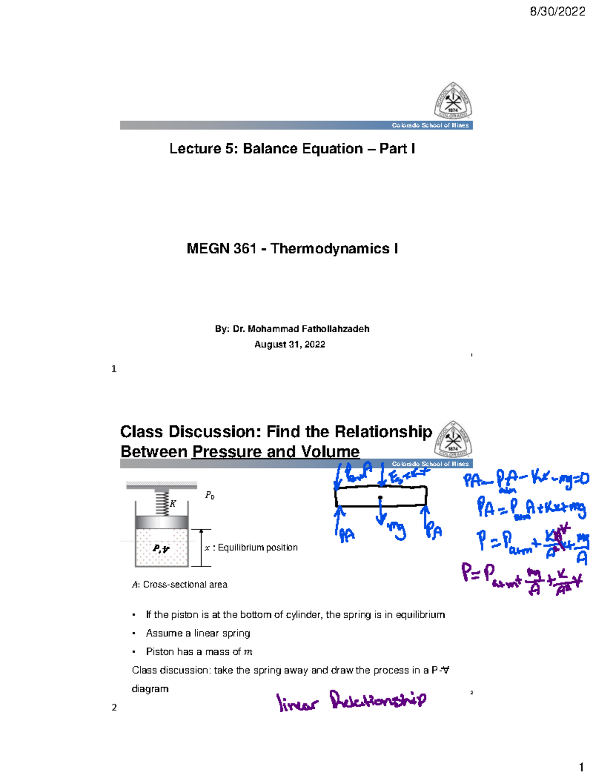 05 Balance Equation I - Prof Fathollahzadeh - 1 Colorado School of ...