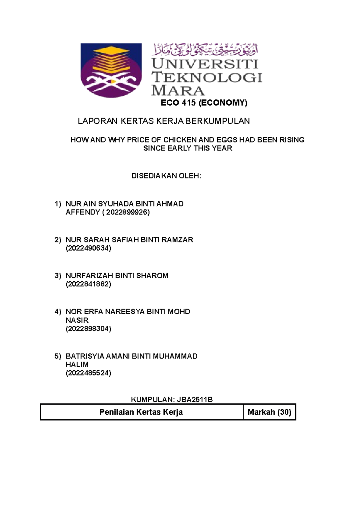 Assignment Telur DAN AYAM - ECO 415 (ECONOMY) LAPORAN KERTAS KERJA BERKUMPULAN HOW AND WHY PRICE ...