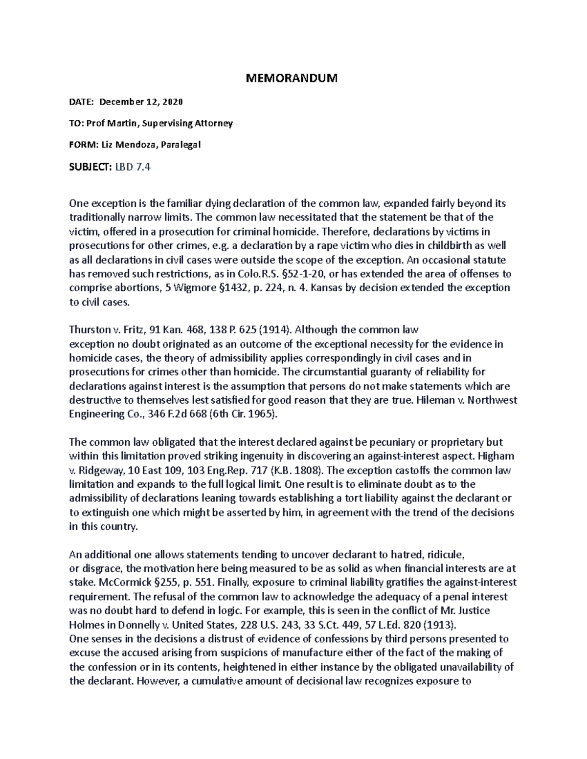 7.2 Memo - assignment - MEMORANDUM DATE: December 12, 2020 TO: Prof ...