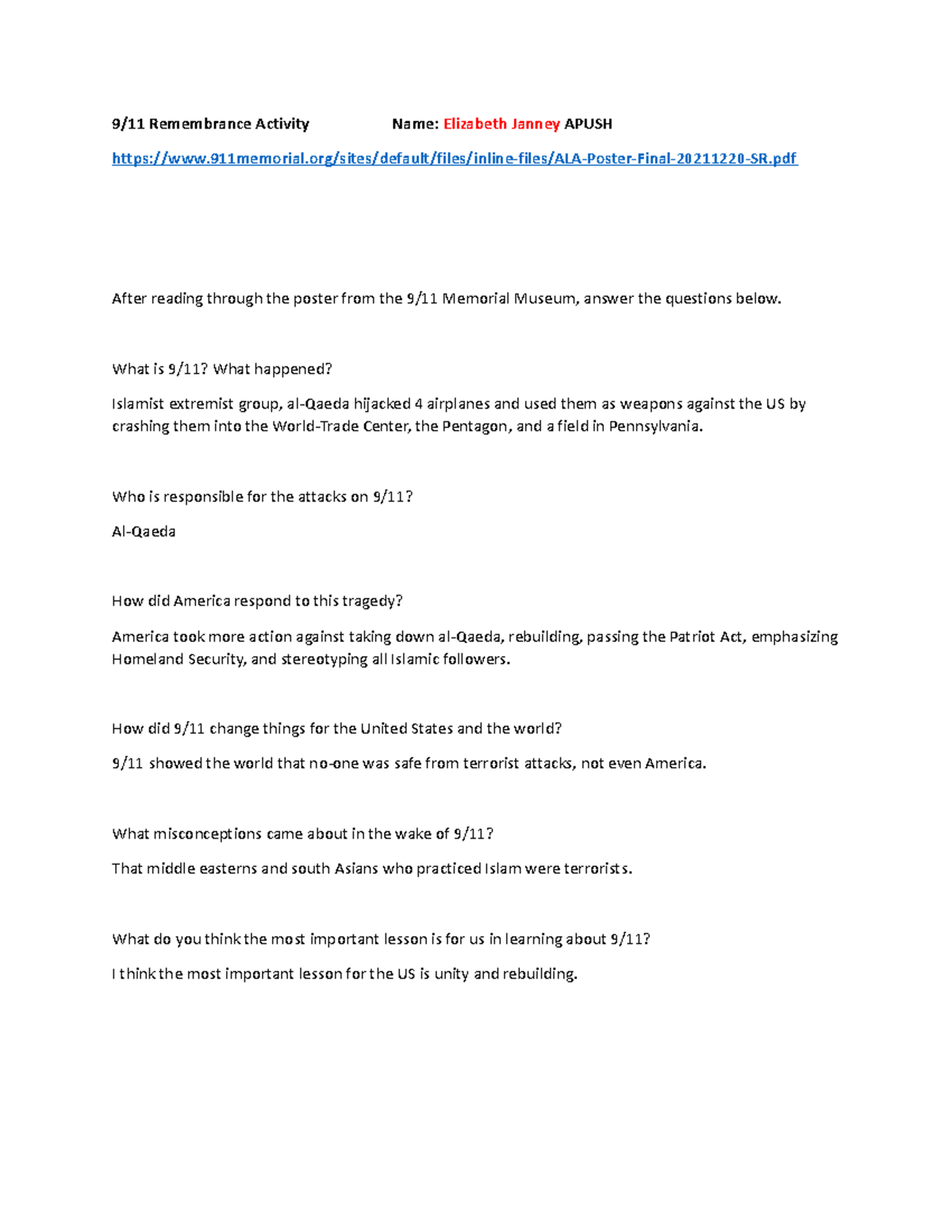 9 11 Remembrance activity - 9/11 Remembrance Activity Name: Elizabeth ...