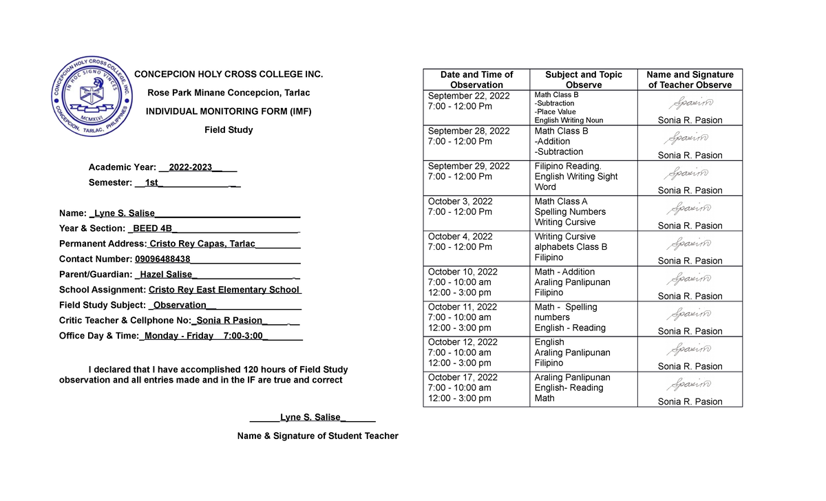 IMF - Individual Monitoring Form - CONCEPCION HOLY CROSS COLLEGE INC ...