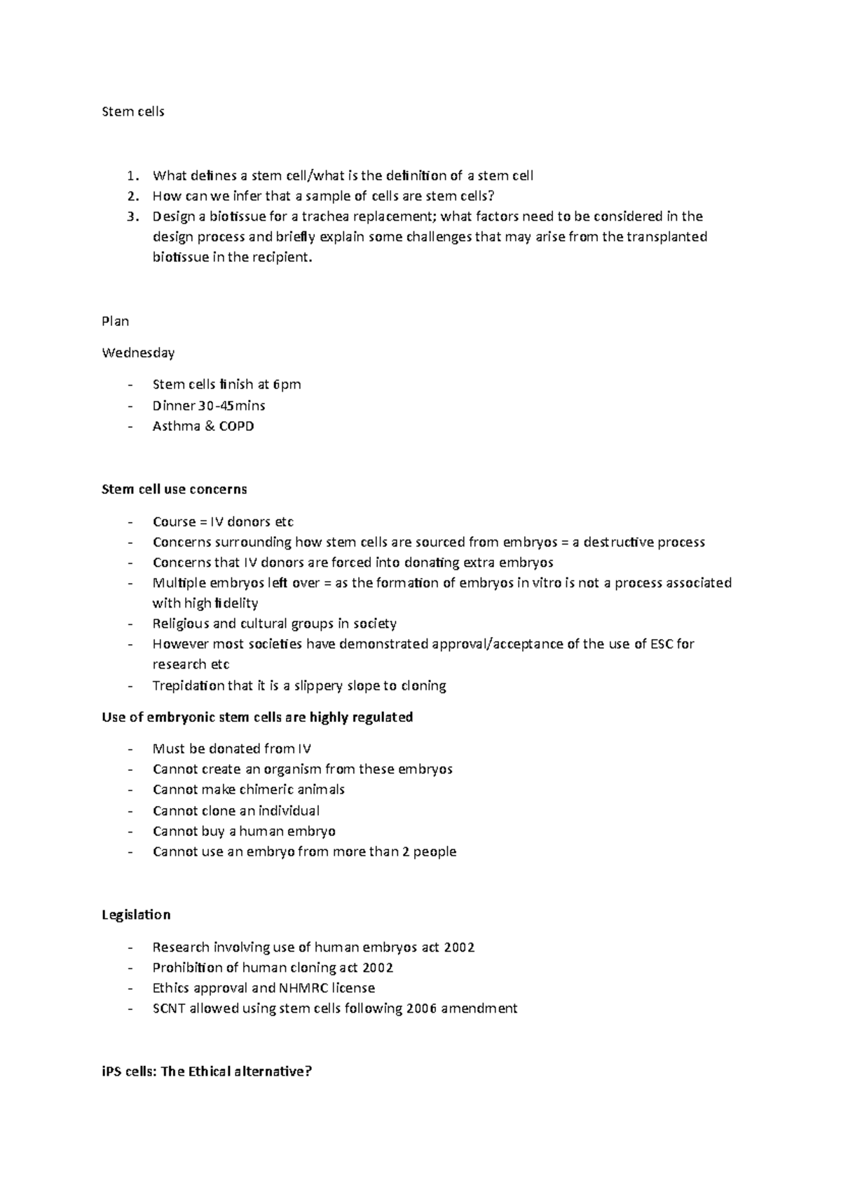 Stem cells Revision - Summary of main points to consider for stem cell ...
