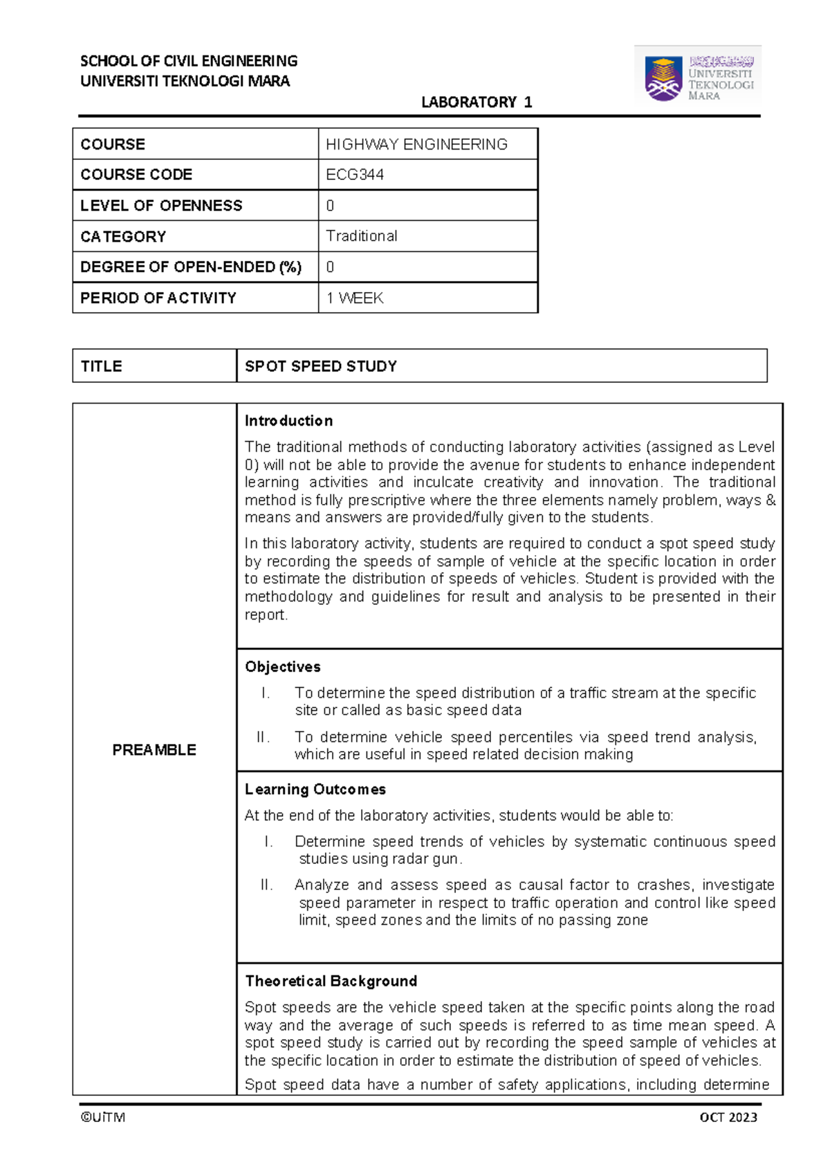 LAB 1- Spot Speed Study - SCHOOL OF CIVIL ENGINEERING UNIVERSITI ...