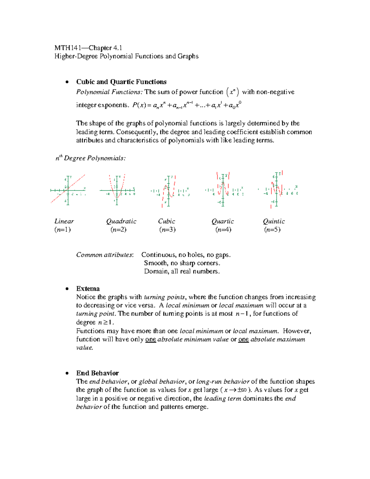MTH141 4.1 Notes - Higher-Degree Polynomial Functions and Graphs (Learn ...
