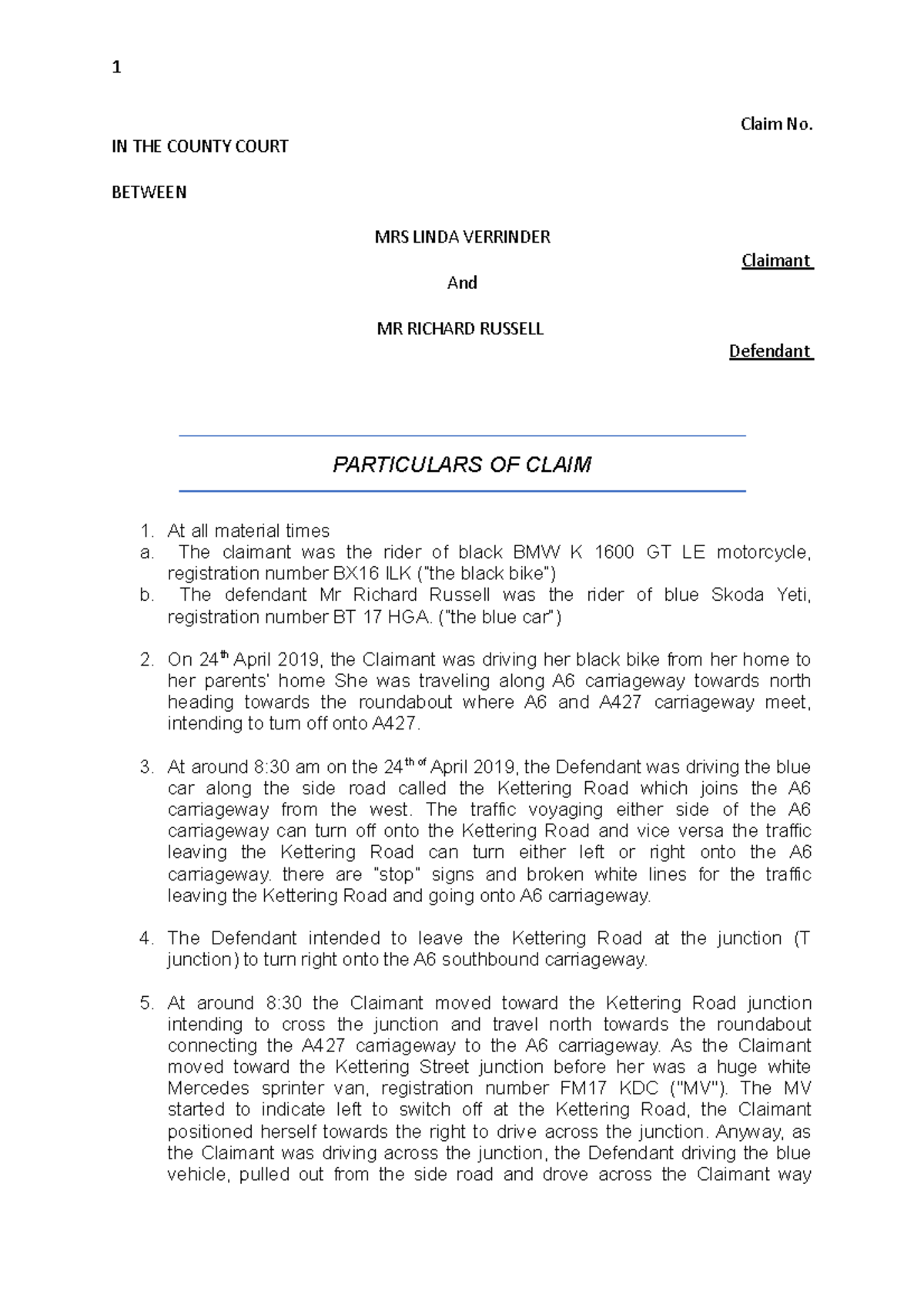 4929 Drafting - latest coursework - Claim No. IN THE COUNTY COURT ...