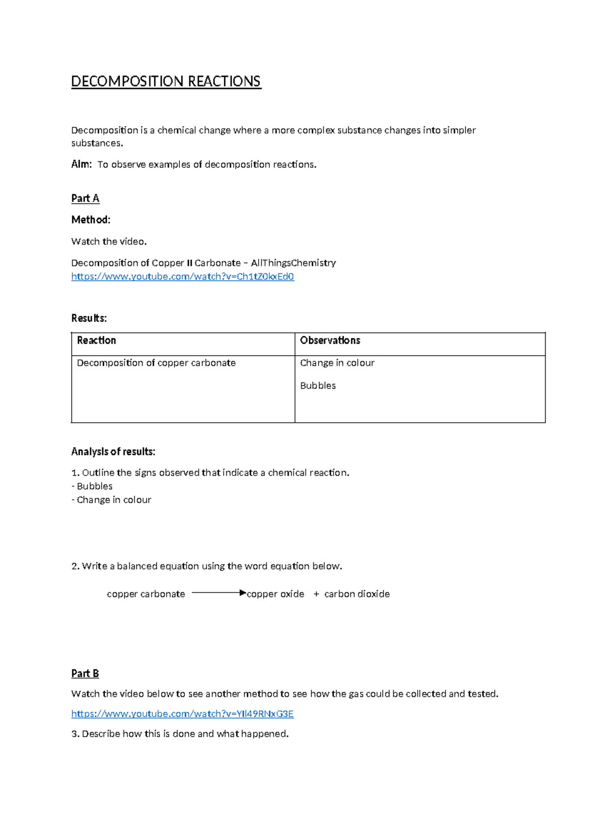 Reactions worksheet - DECOMPOSITION REACTIONS Decomposition is a ...
