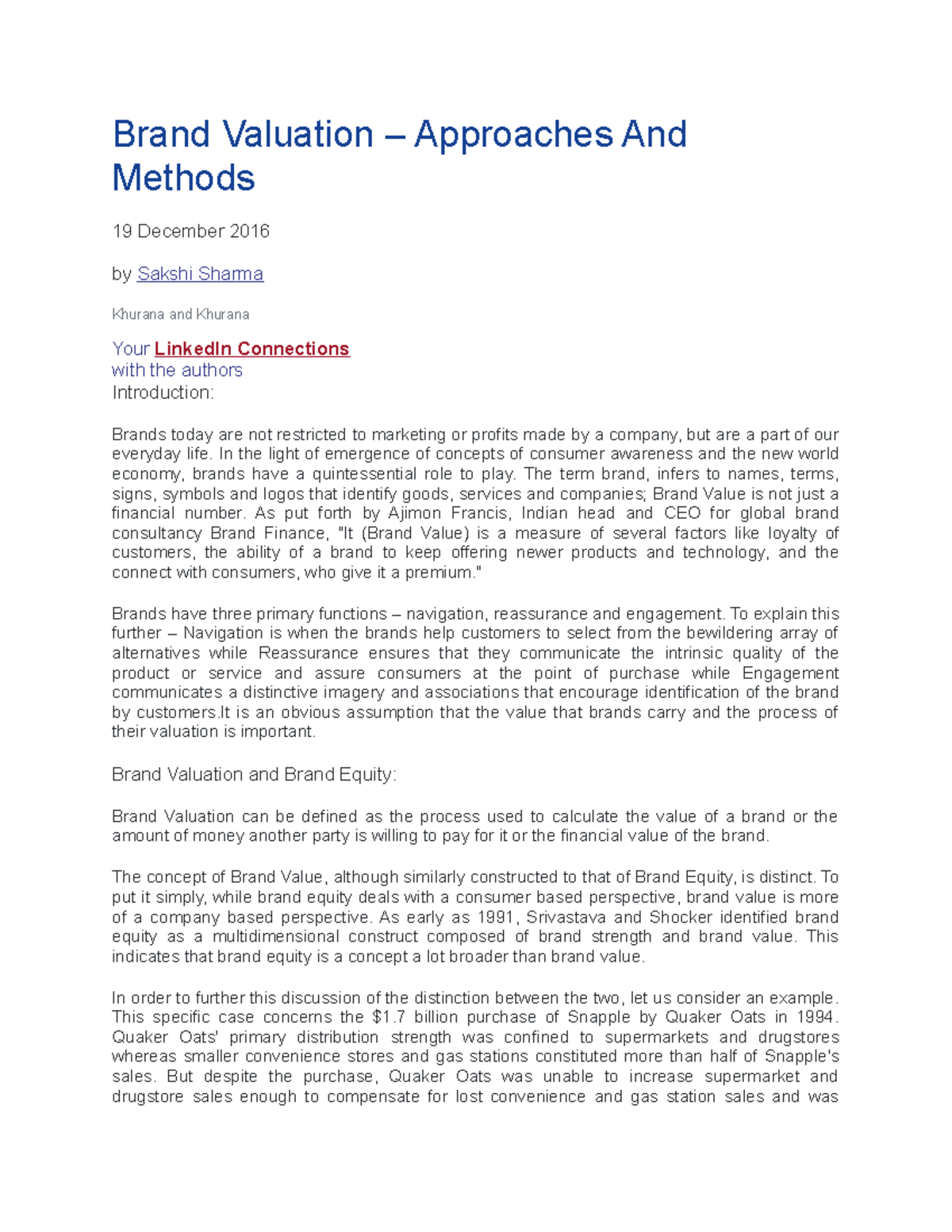 Brand Valuation Detailed write up - Brand Valuation – Approaches And ...