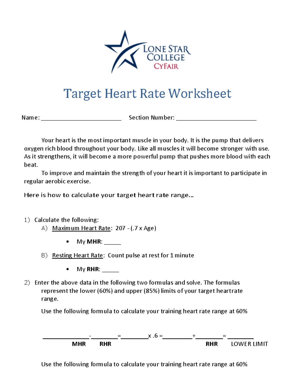 Target Heart Rate Worksheet PHED 1164 Introduction To Physical 