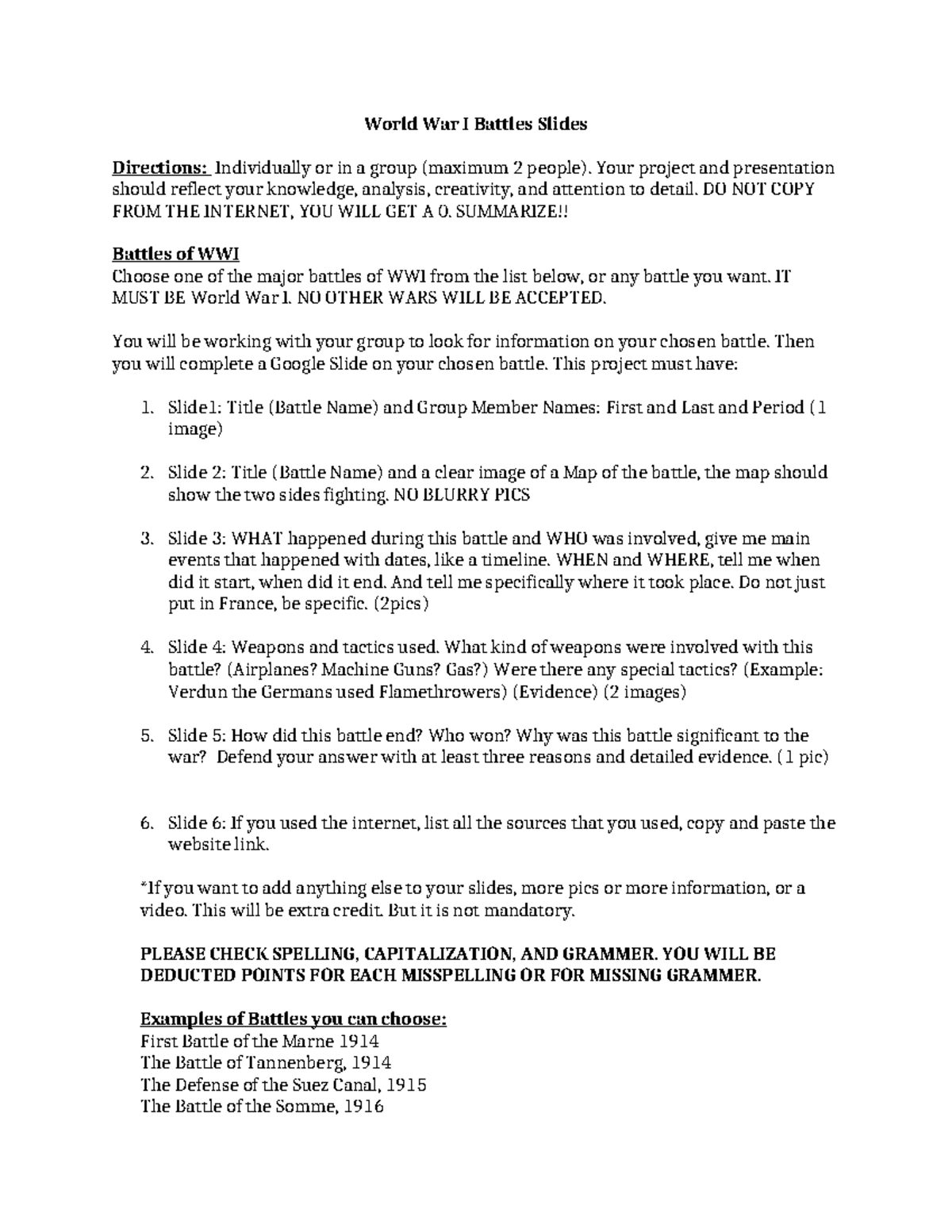 World War I Battles Slides - World War I Battles Slides Directions ...