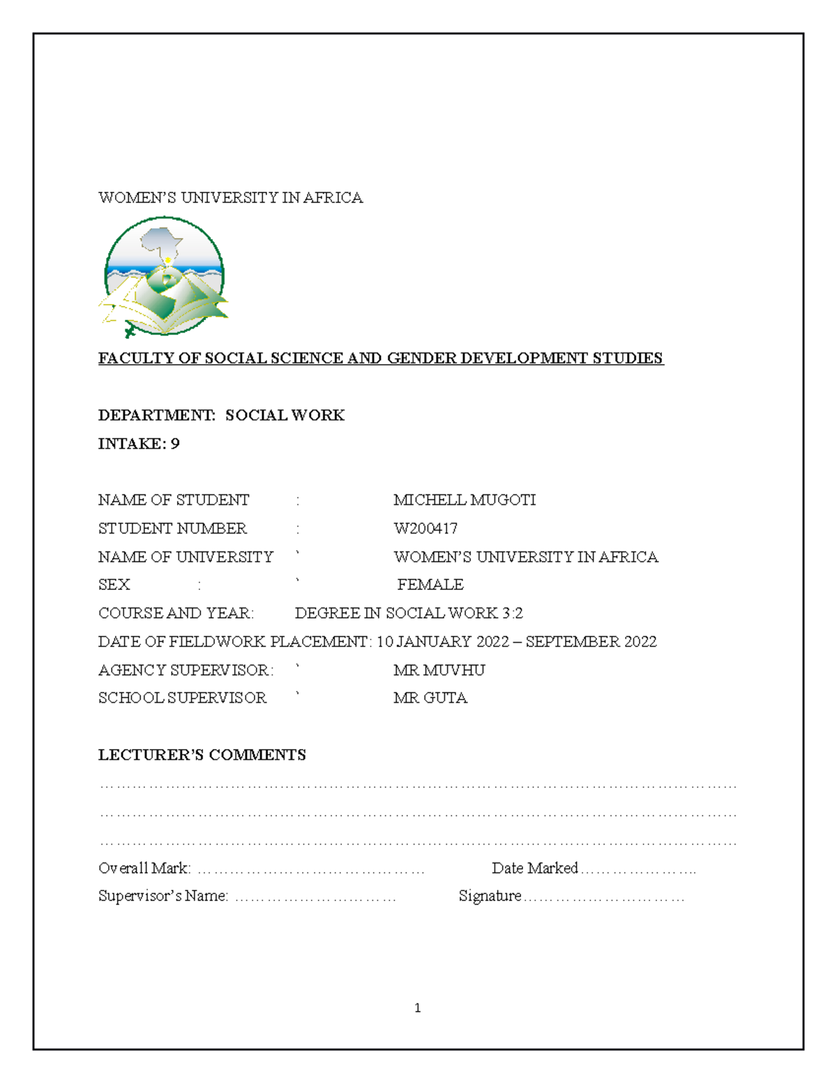 Michell Mugoti W2004 17 - WOMEN’S UNIVERSITY IN AFRICA FACULTY OF ...