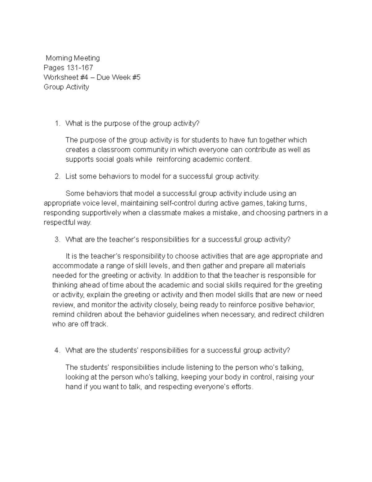 Morning Meeting Worksheet #4 - Morning Meeting Pages 131- Worksheet #4 ...