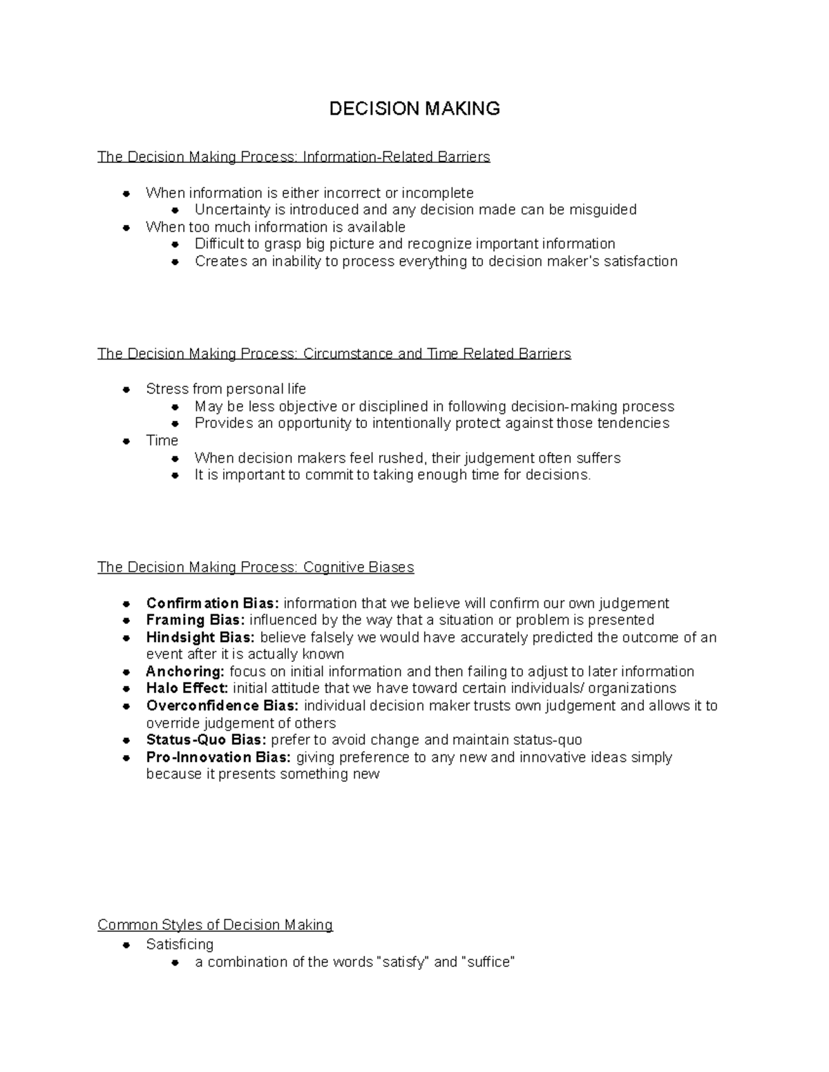 BUS 200 Notes Decision Making Part 1 - DECISION MAKING The Decision ...