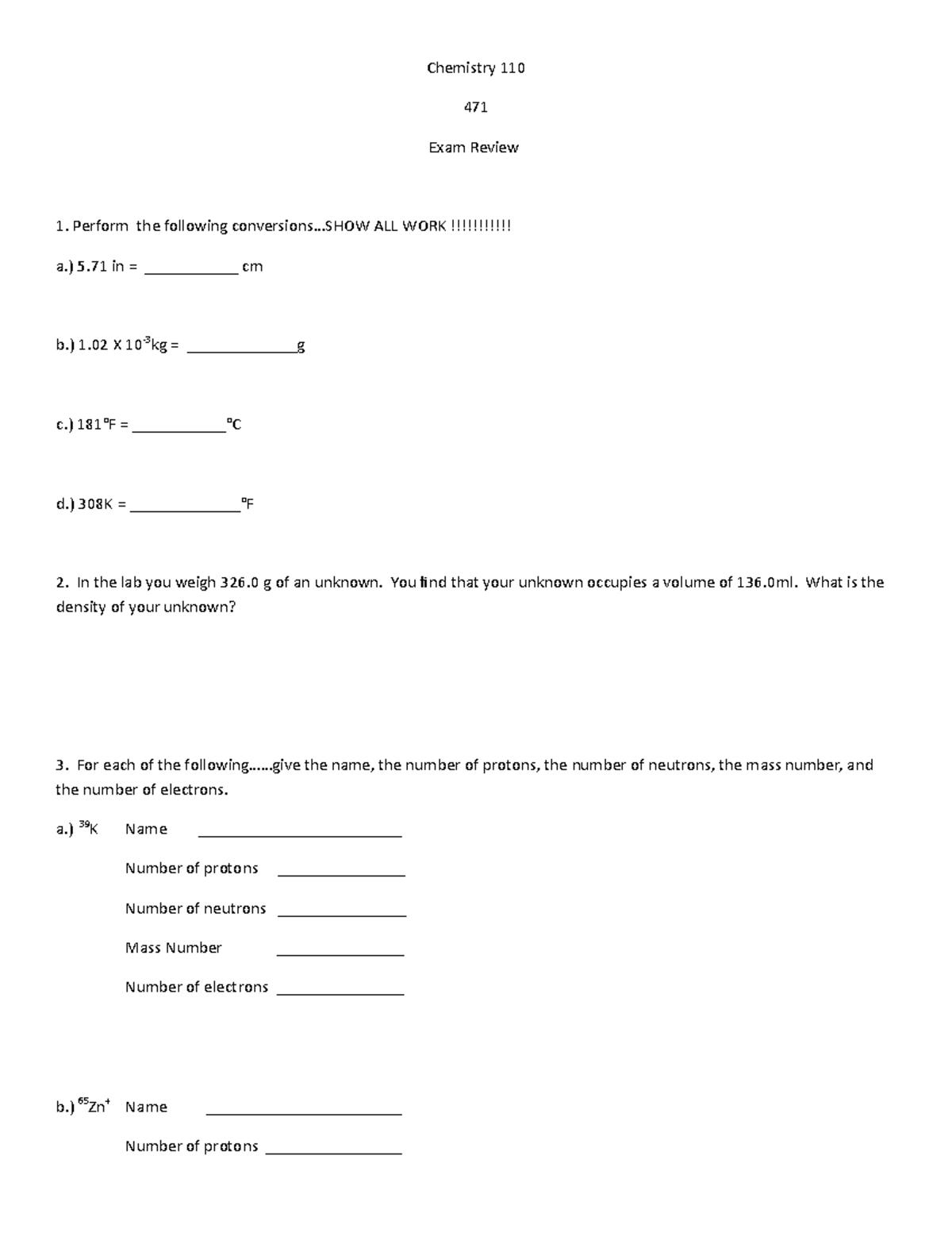 Chemistry 110 - Chemistry 110 471 Exam Review Perform the following ...