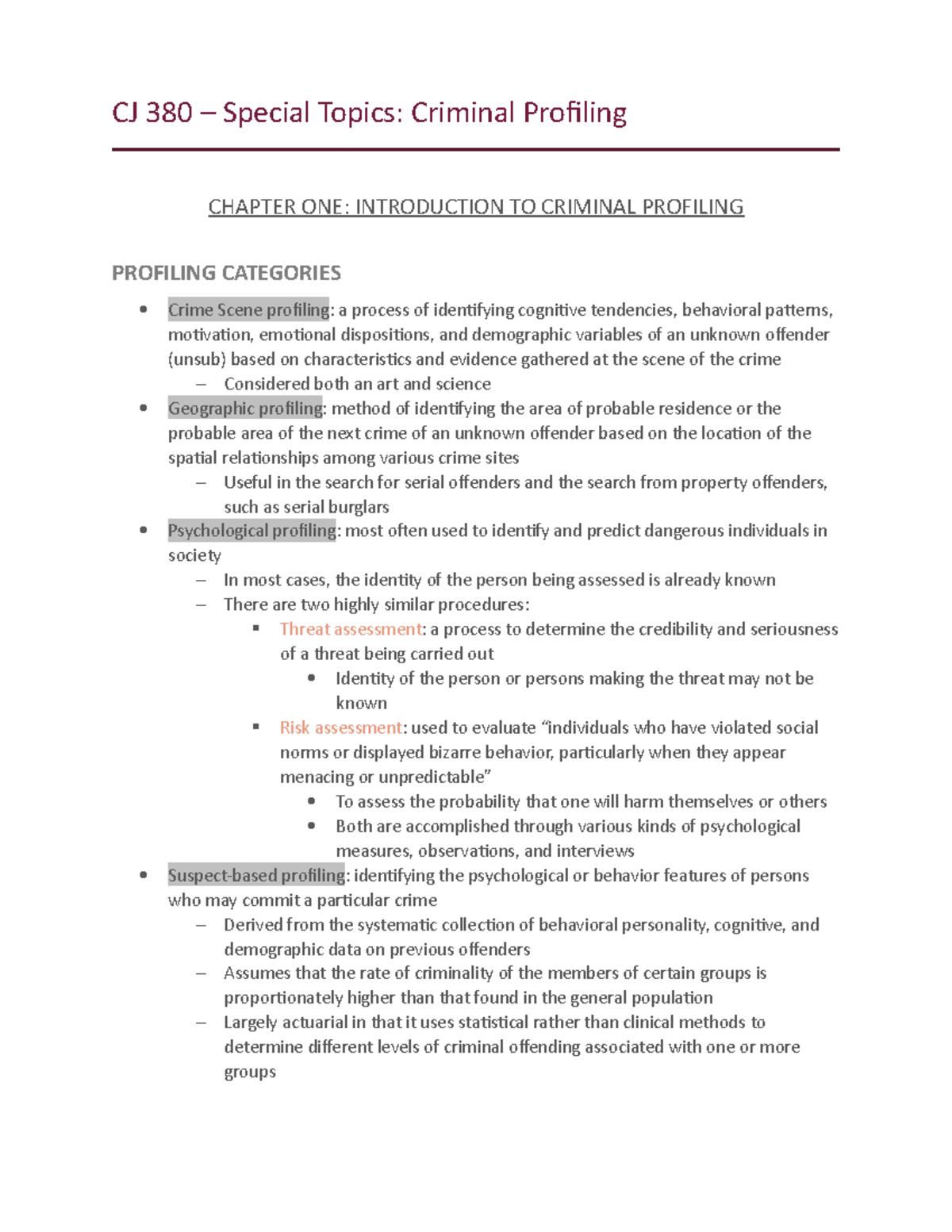 CJ 380 - Chapter 1 Introduction to Criminal Profiling - CJ 380 – Special Topics: Criminal ...