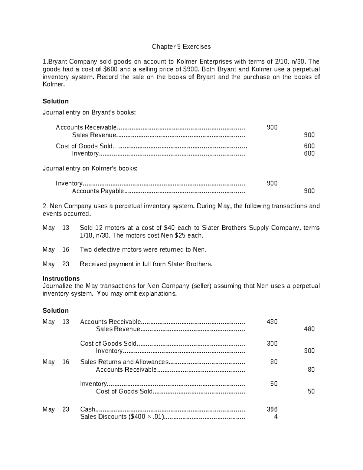 Chapter 5 Exercises with Solution - Chapter 5 Exercises 1 Company sold ...