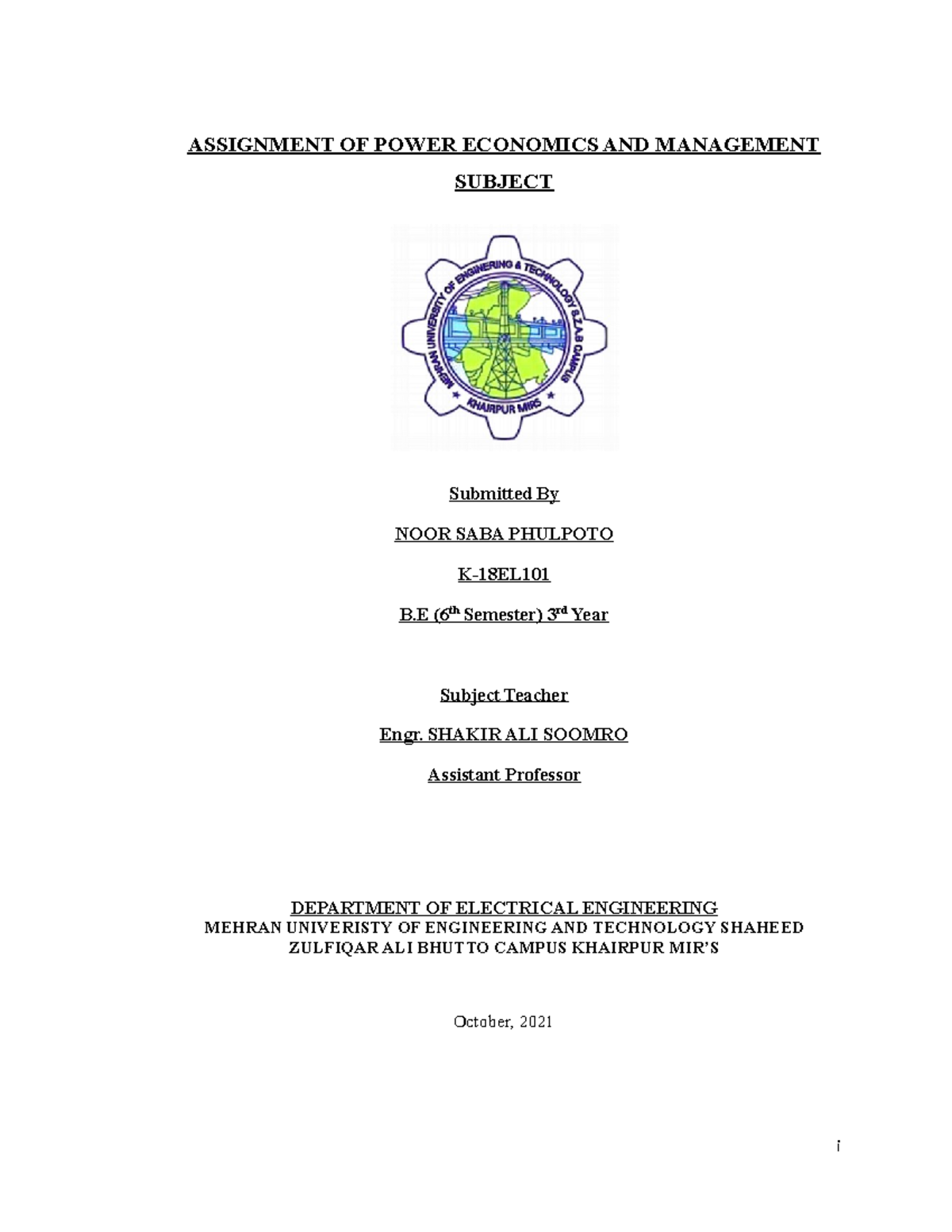 PEM Final Assignment (K-18EL101) - ASSIGNMENT OF POWER ECONOMICS AND MANAGEMENT SUBJECT ...