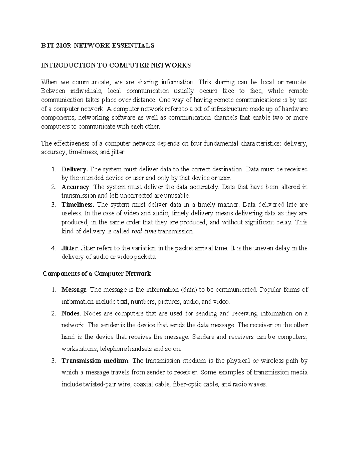 BIT 2105 lecture Notes - B IT 2105: NETWORK ESSENTIALS INTRODUCTION TO ...