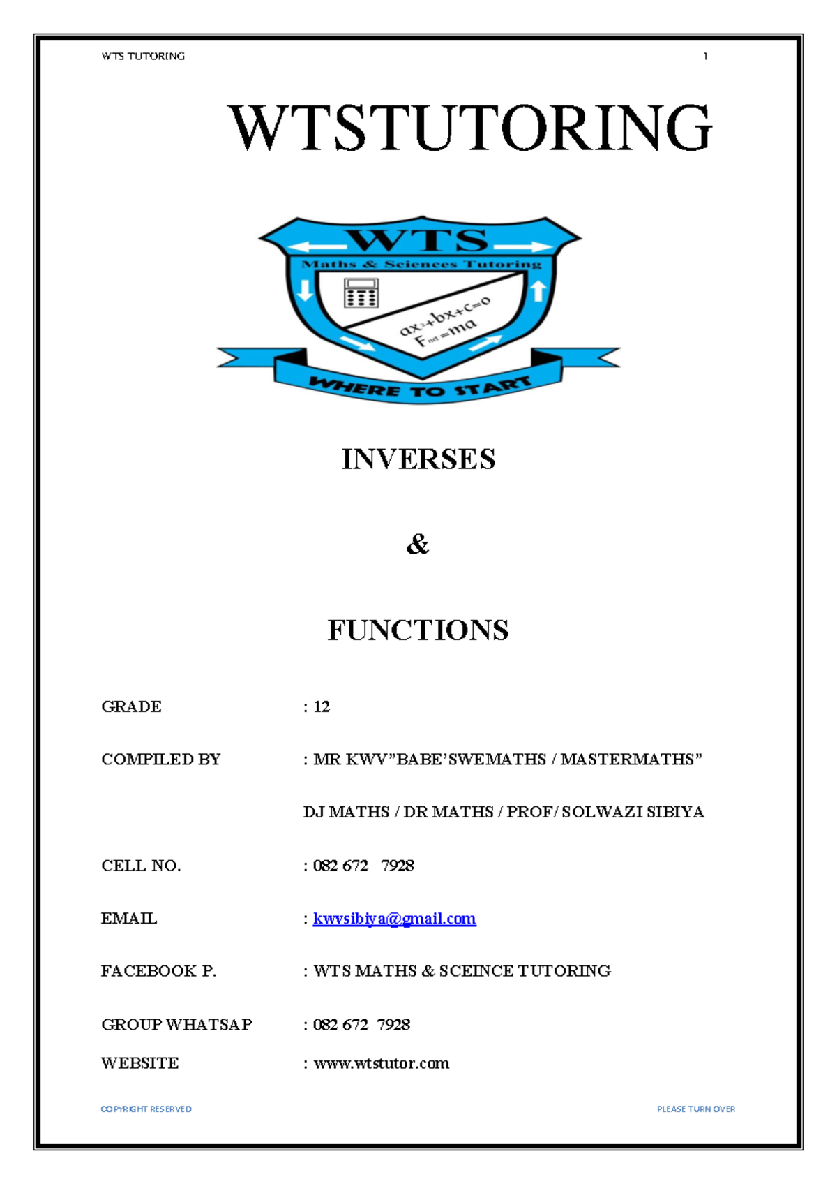 WTS- Functions- Inverses - COPYRIGHT RESERVED PLEASE TURN OVER INVERSES ...
