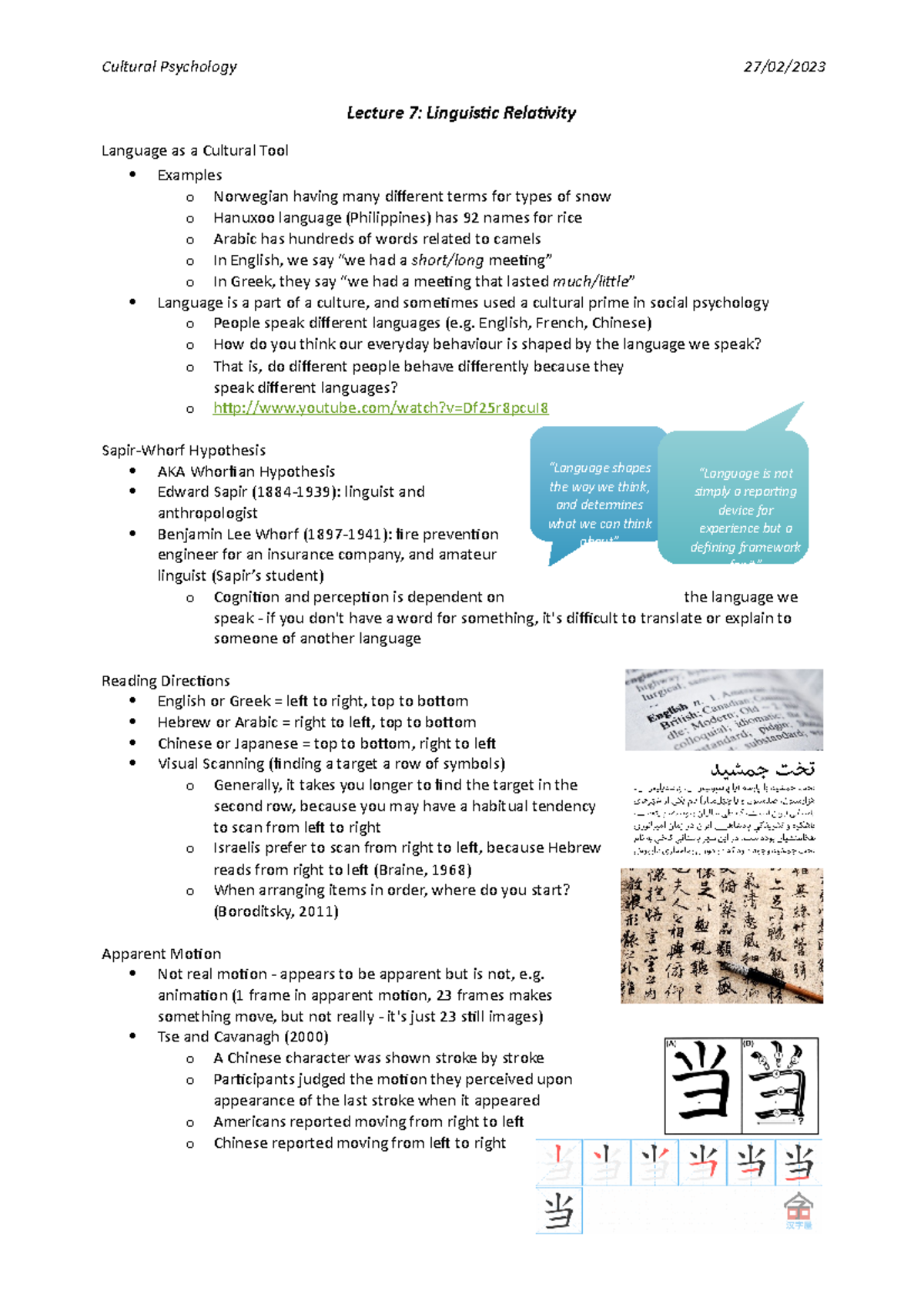 Linguistic Relativity - Cultural Psychology 27/02/ Lecture 7 ...