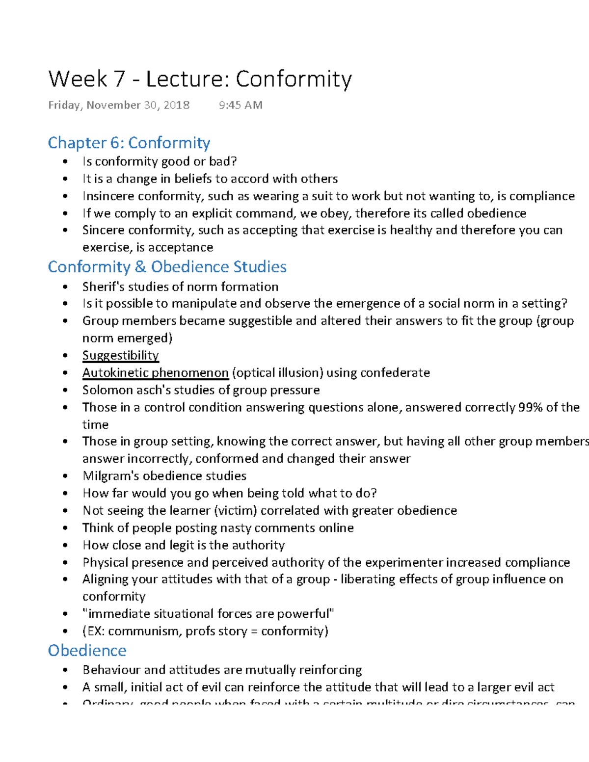 Week 7 - Lecture Conformity - PSYC2130 - Studocu