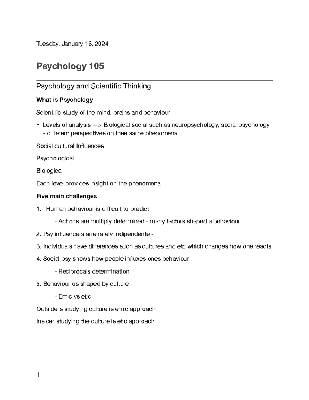 Week 1 Notes - Tuesday, January 16, 2024 Psychology 105 Psychology and ...