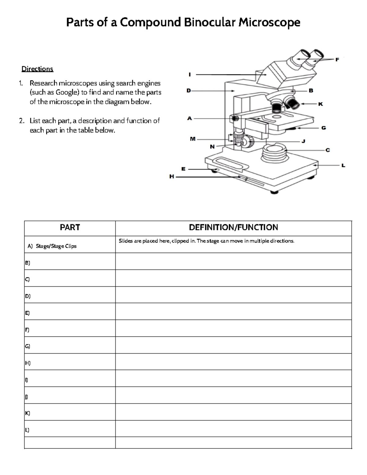 Compound Microscope Worksheet: Digital - Parts of a Compound Binocular ...