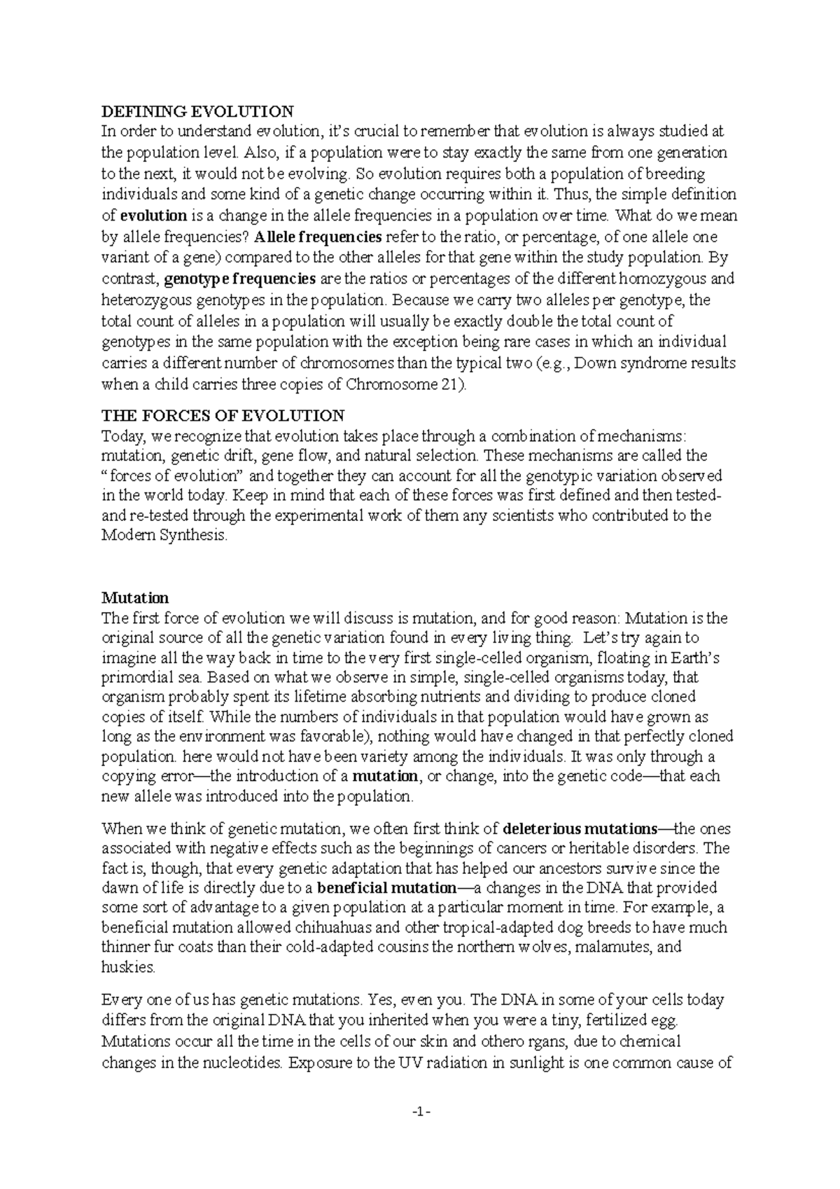 Forces OF Evolution - Lecture notes 1,3-7,10 - DEFINING EVOLUTION In ...