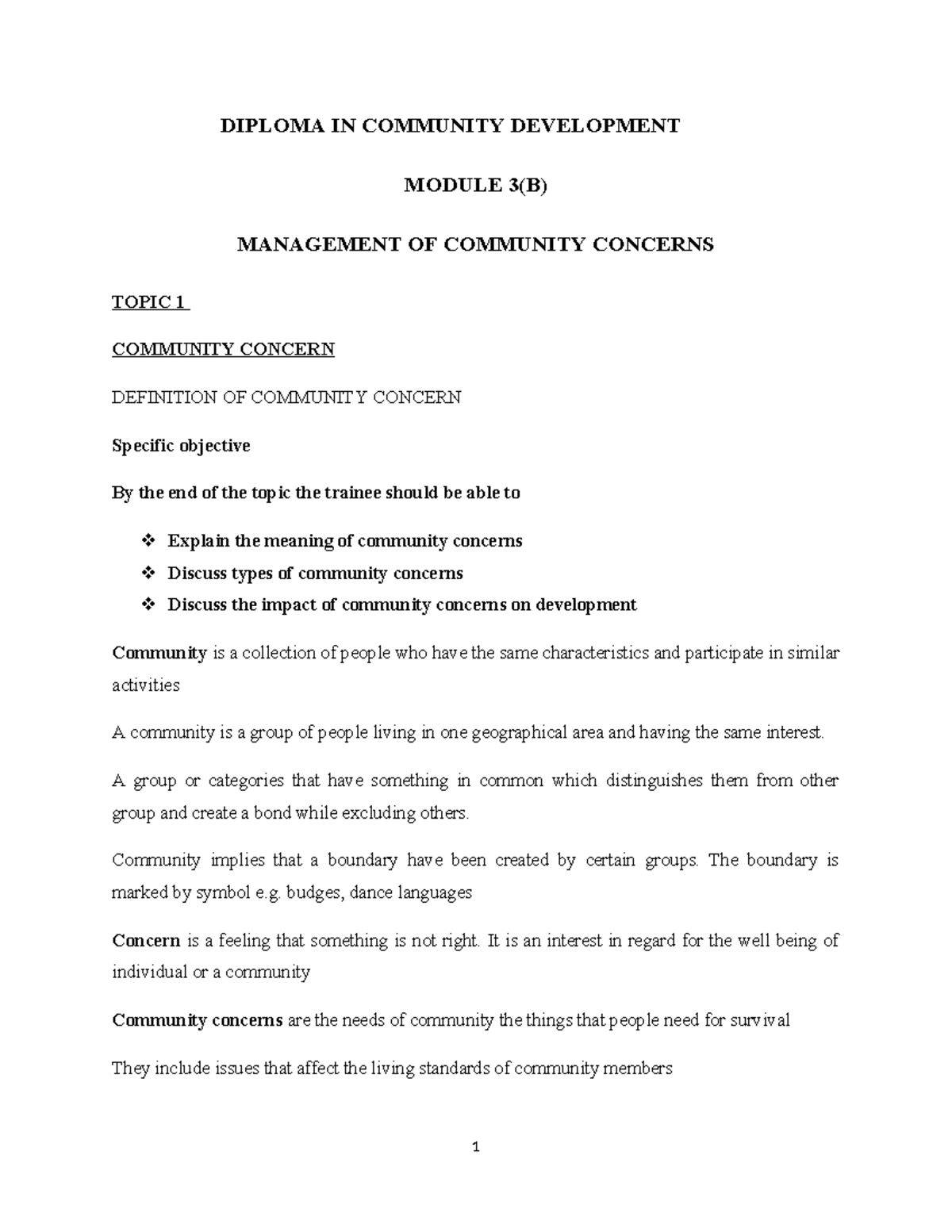 Community Concern module 3b - DIPLOMA IN COMMUNITY DEVELOPMENT MODULE 3 ...