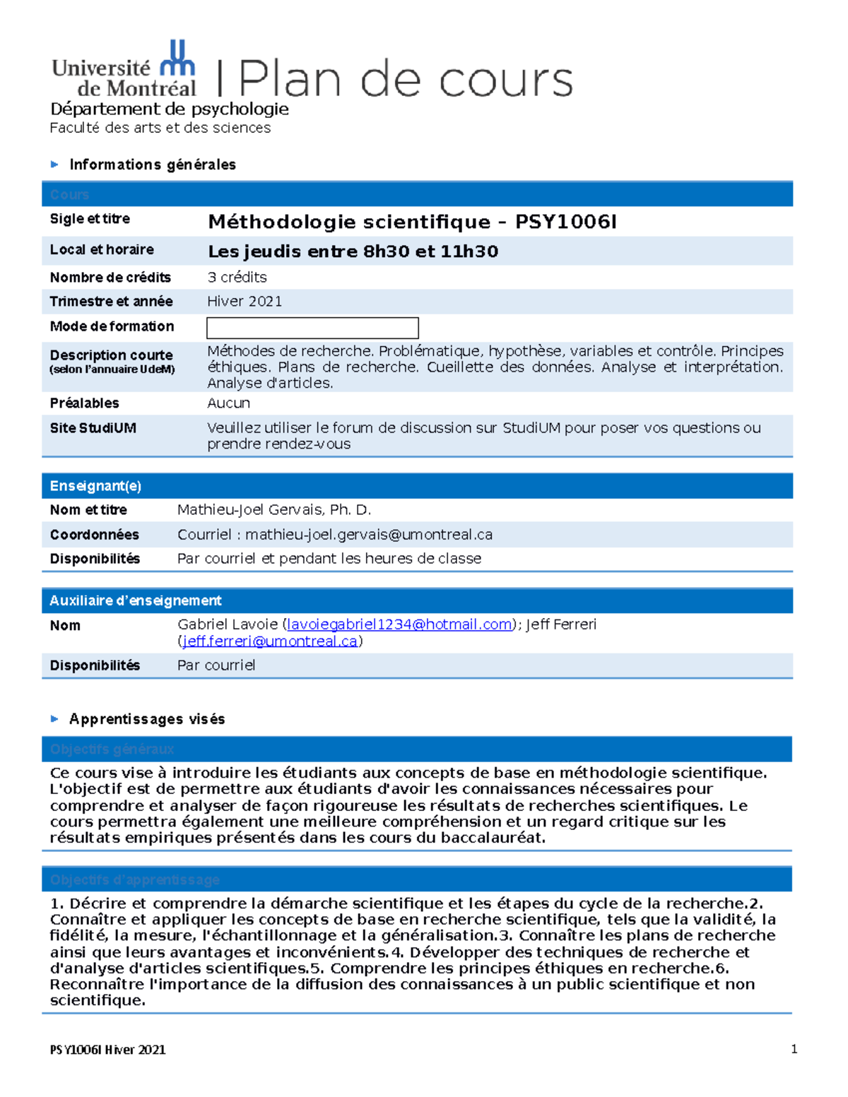 Plan de cours du cours de méthodologie PSY1006 H - PSY1006 - UdeM - Studocu
