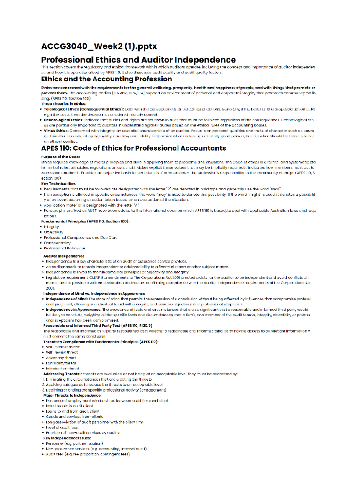 Auditing summary - ACCG3040_Week2 1).pptx Professional Ethics and ...