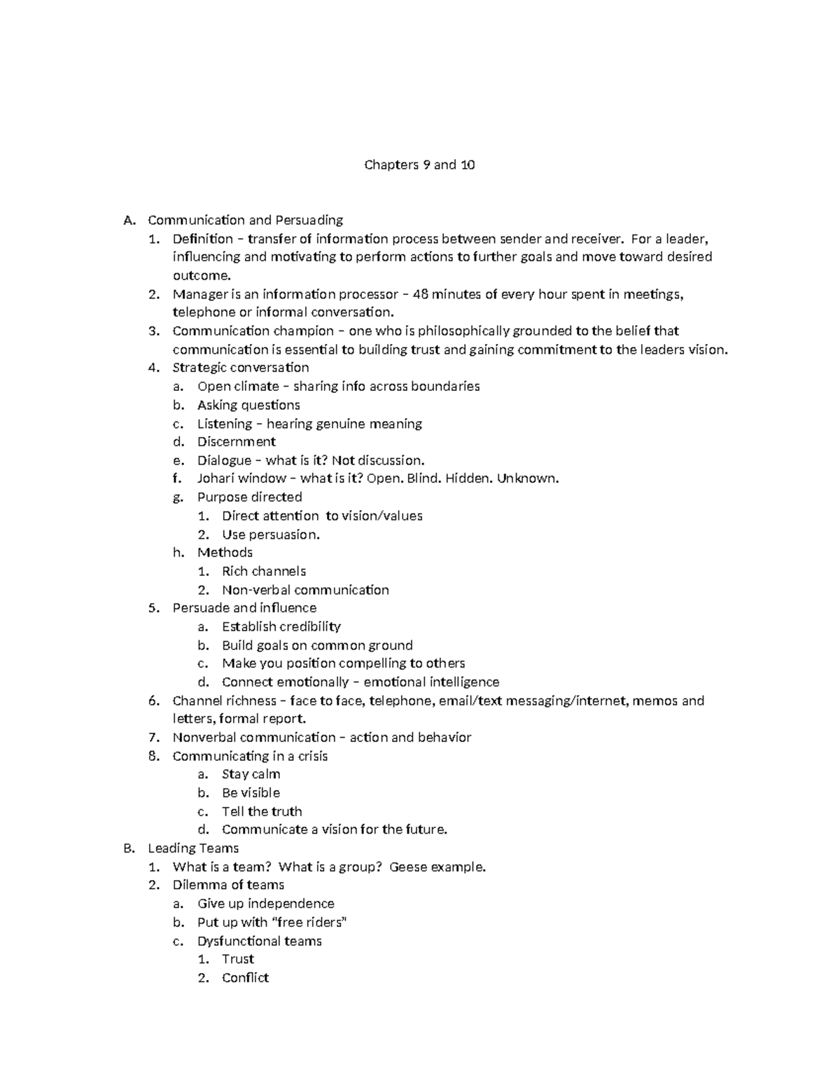 Daft Chapters 9 and 10 - Chapters 9 and 10 A. Communication and ...